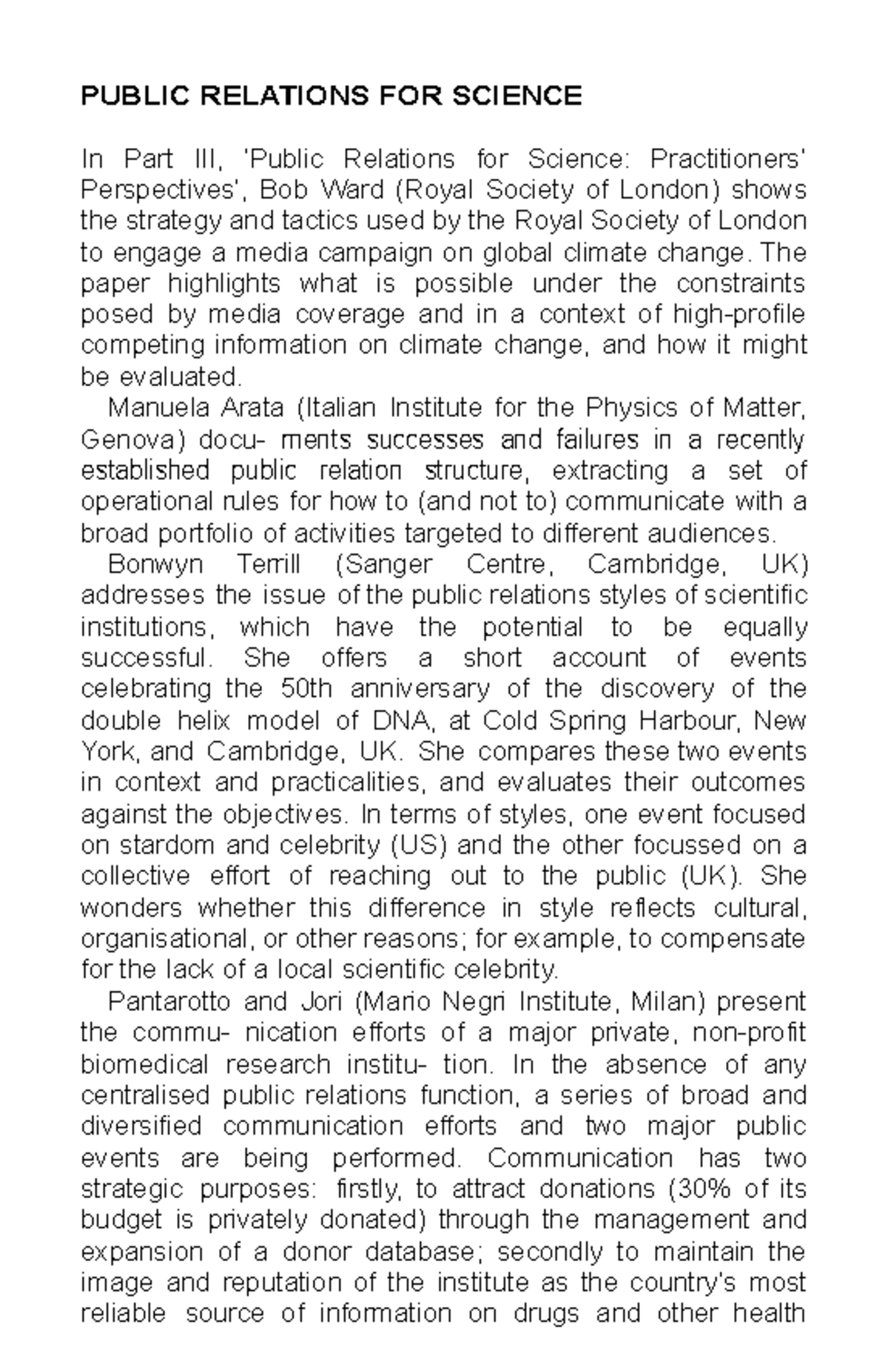 Public Relations FOR Science - PUBLIC RELATIONS FOR SCIENCE In Part III ...