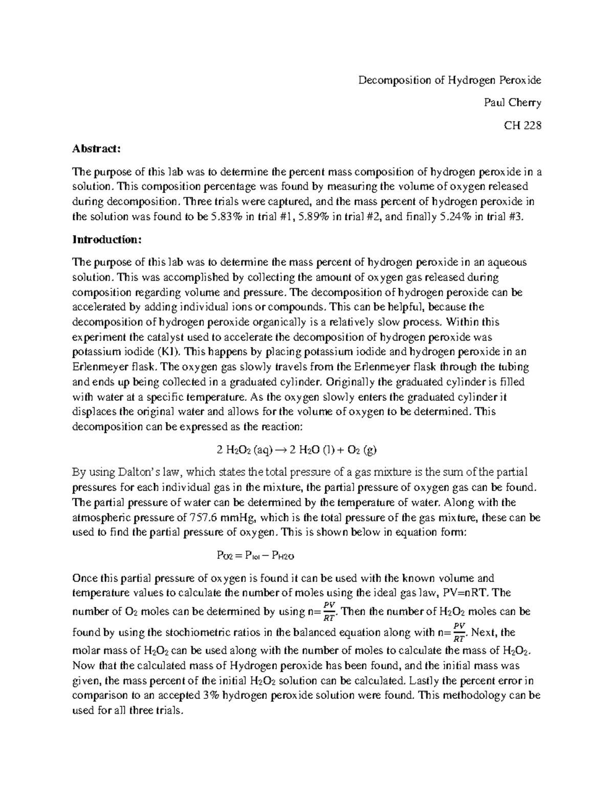 Decomposition of Hydrogen Peroxide - This composition percentage was ...