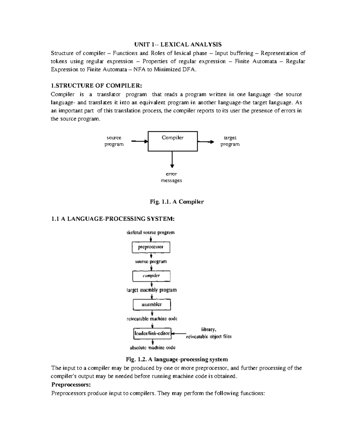 Unit1 - nil - UNIT 1- LEXICAL ANALYSIS Structure of compiler – Functions and Roles of lexical ...