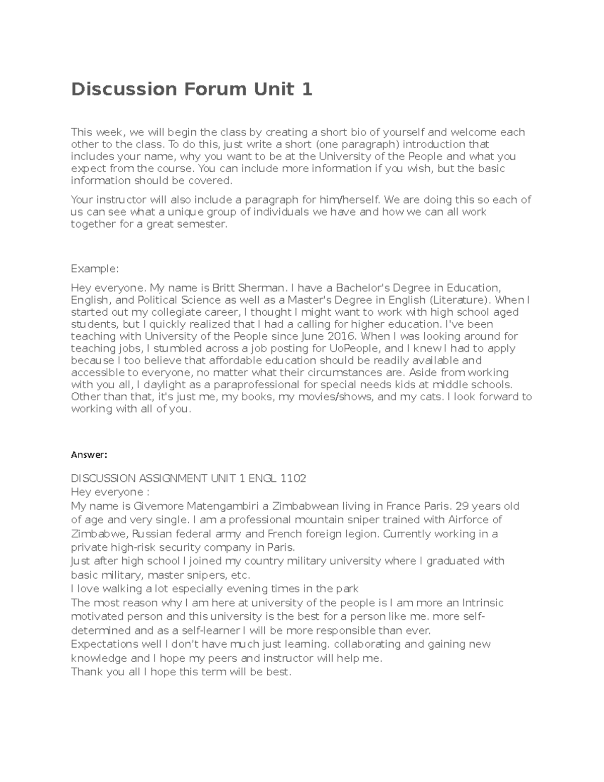 ENGL1102 Discussion Forum Unit 1 - Discussion Forum Unit 1 This week ...