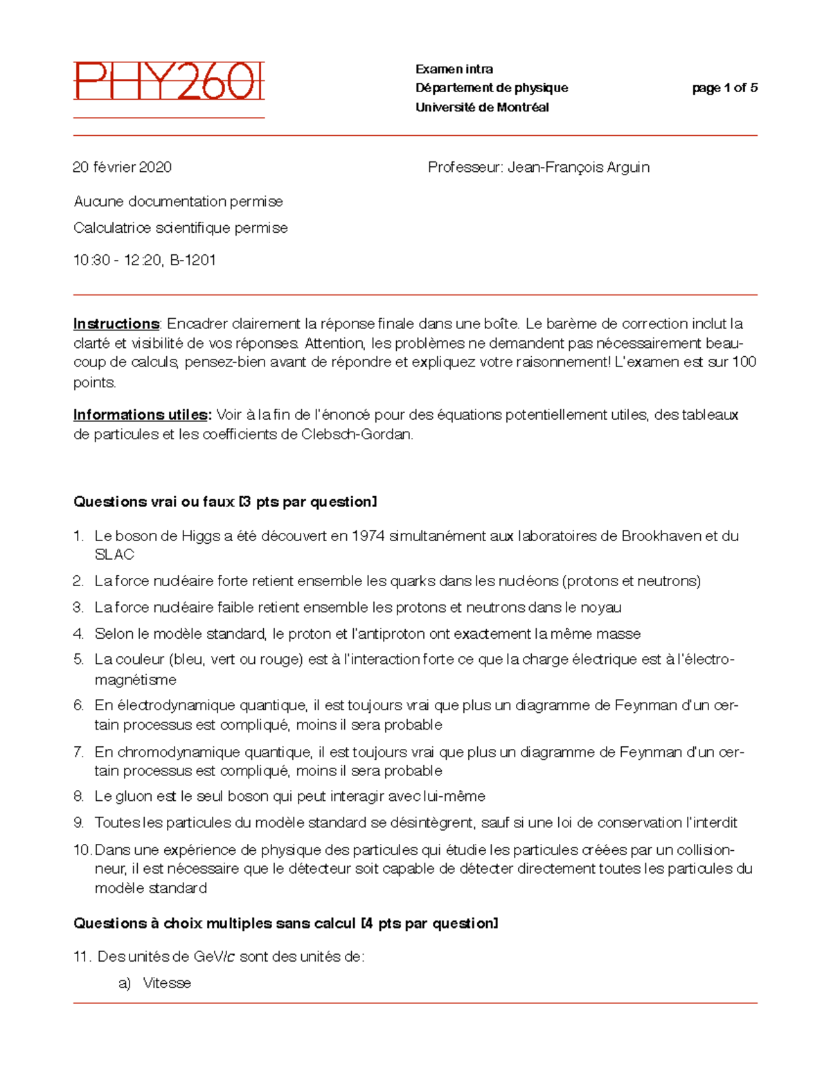 Intra phy 2601 2019-2020 - PHY Département de physique page 1 of 5 Université de Montréal 20 ...