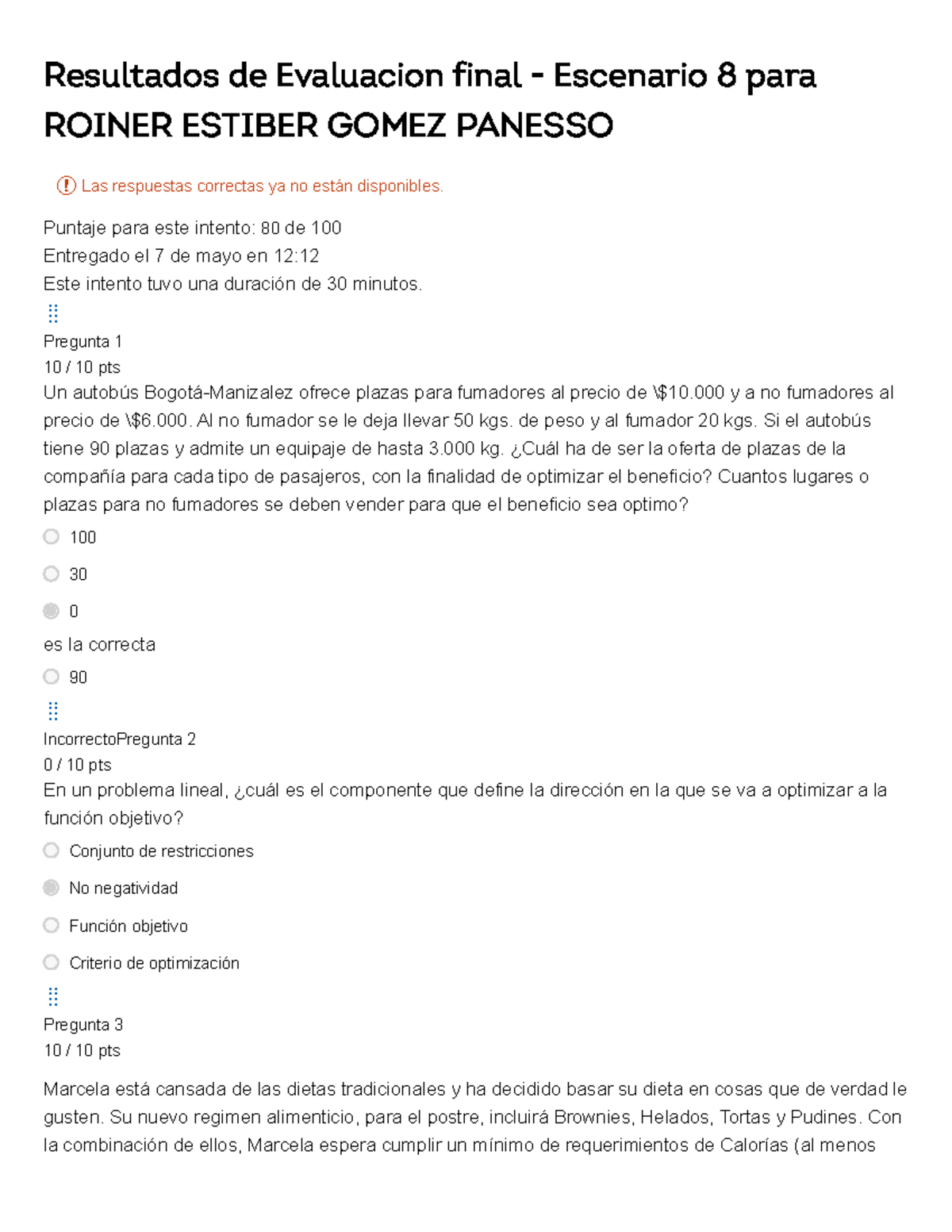 ESCENARIO 8 INVESTIGACION DE OPERACIONES - Resultados de Evaluacion final - Escenario 8 para ...