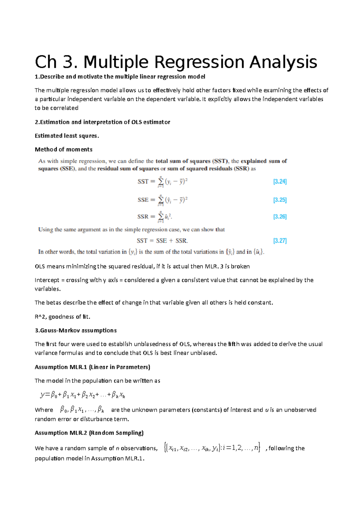 Ch. 3 Multiple Regression Analysis - Introduction to Empirical Economics - Aarhus - Studocu