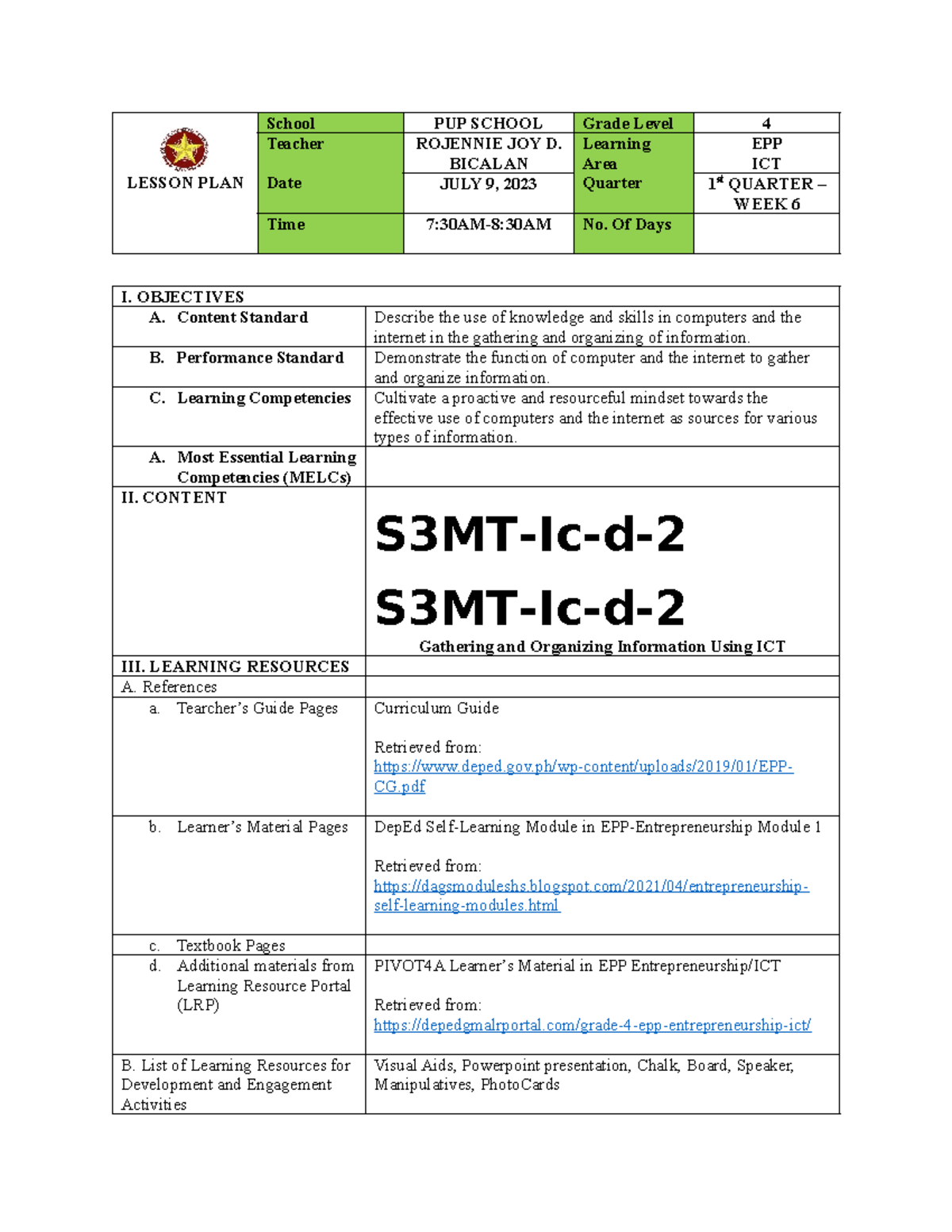 LP EPP ICT Q1W6 - LP EPP ICT Q1W6 - LESSON PLAN School PUP SCHOOL Grade ...