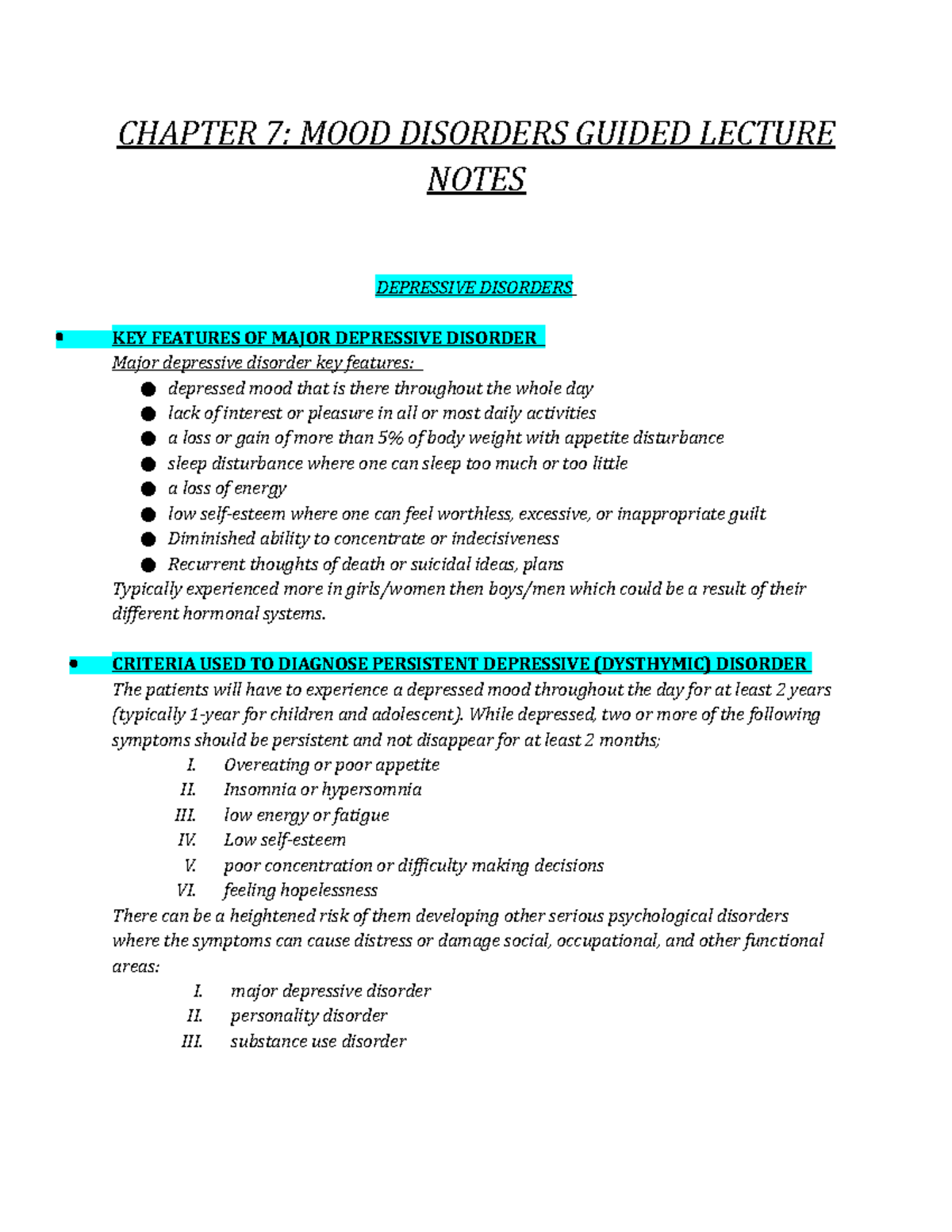 [CLP 2140] Chapter 7: Mood Disorders Guided Lecture Notes - CHAPTER 7 ...