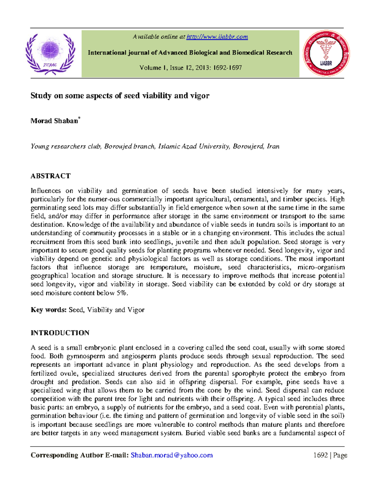 Ijabbr Volume 1 Issue 12 Pages 1692-1697 - Corresponding Author E-mail: Shaban@yahoo 1692 | Page ...