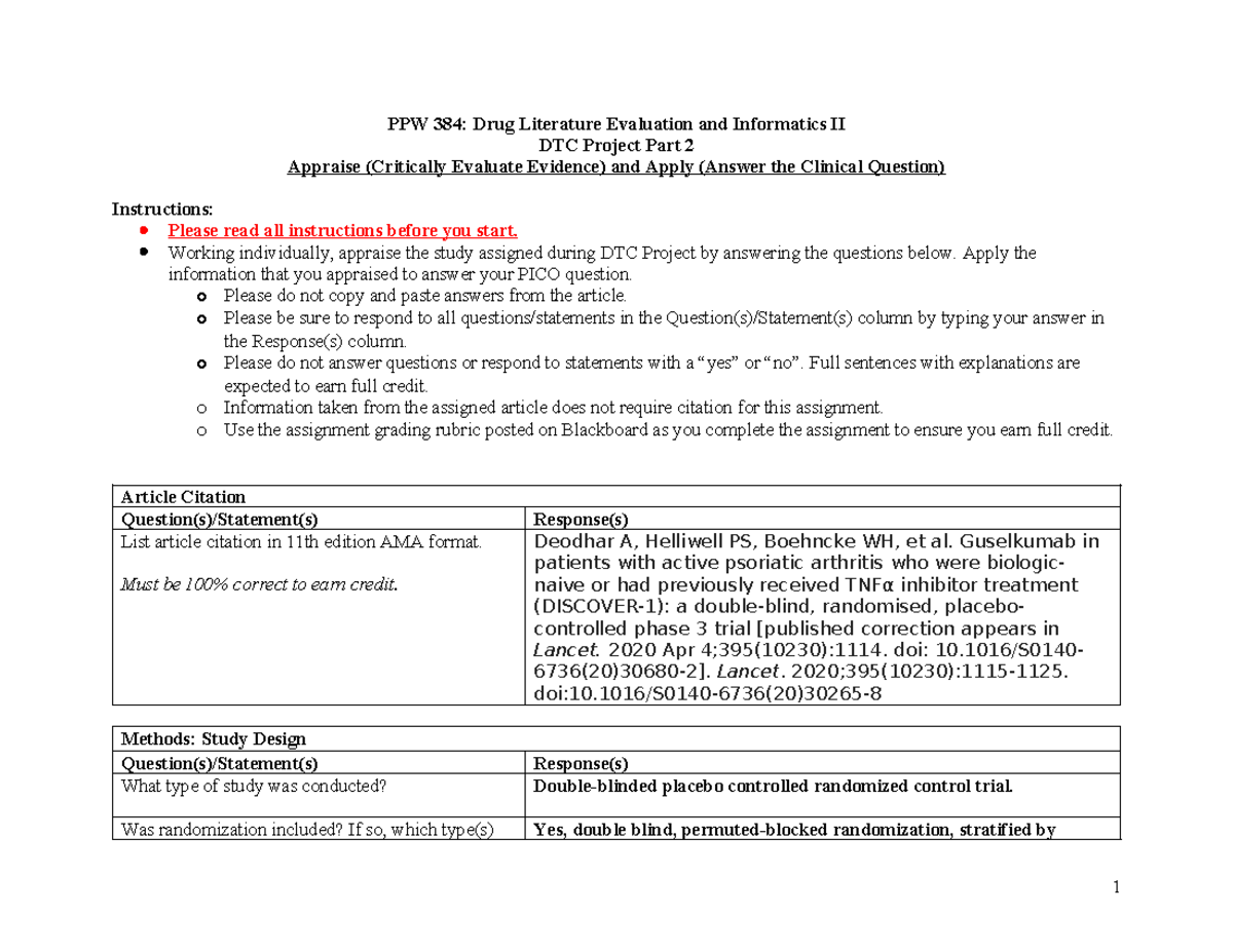 DTC Project Part 2 Literature Appraisal Worksheet Answers - PPW 384 ...