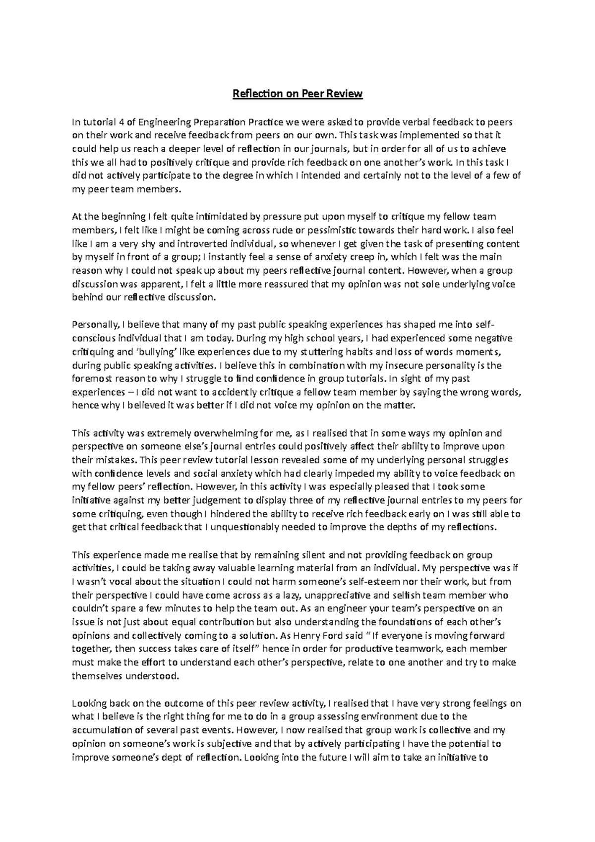 Reflection on Peer Review - This task was implemented so that it could ...