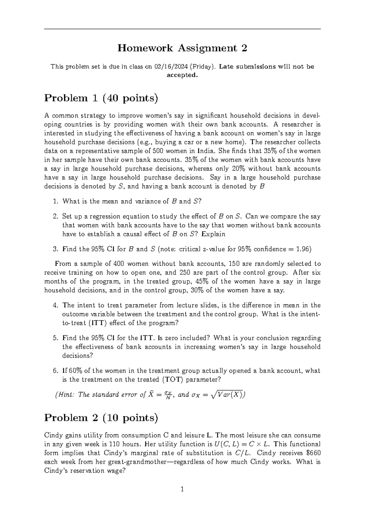 ECON210 Homework 2 - Homework Assignment 2 This problem set is due in class on 02/16/2024 ...