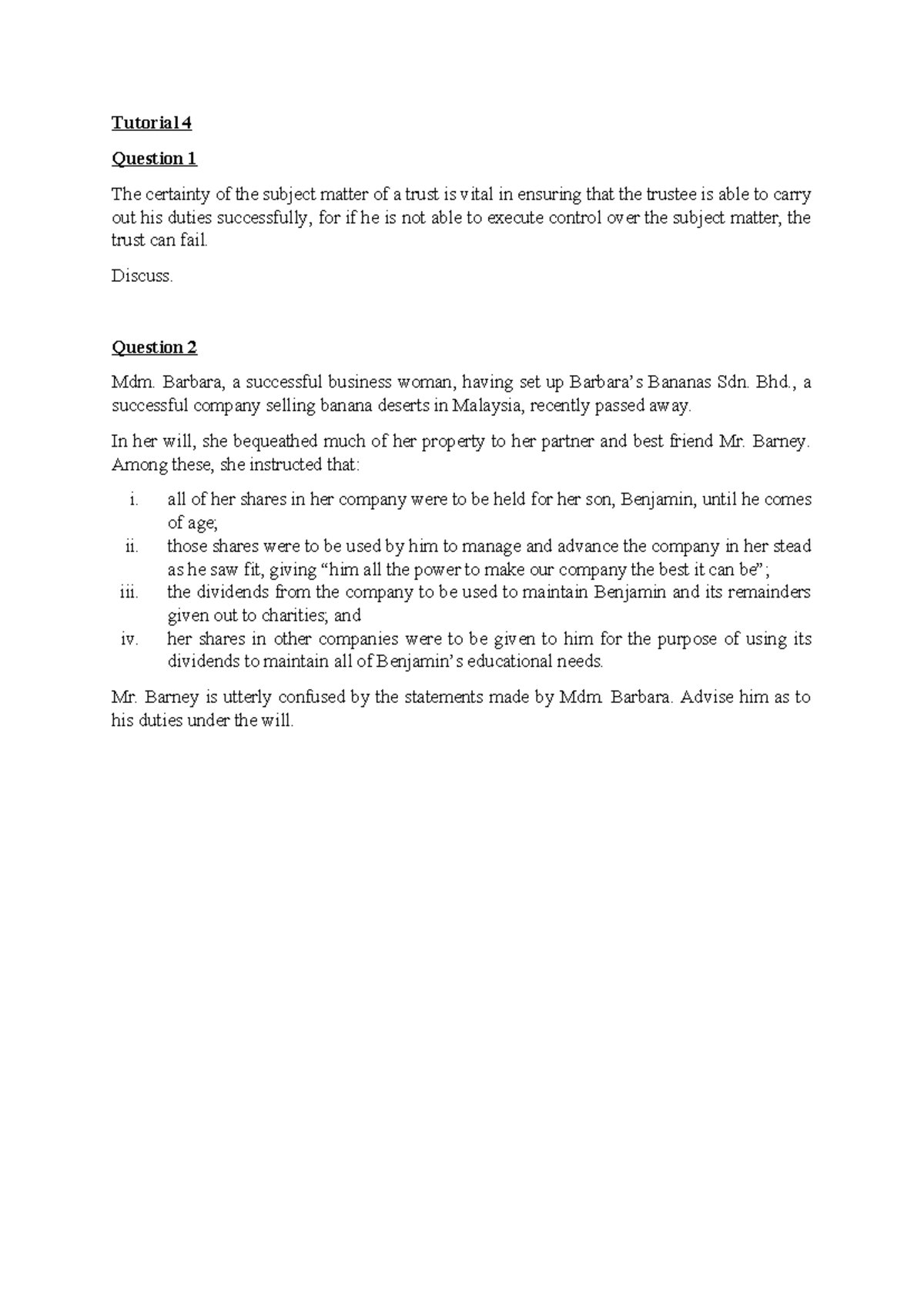Equity Tutorials 4-6 - Tutorial 4 Question 1 The certainty of the ...