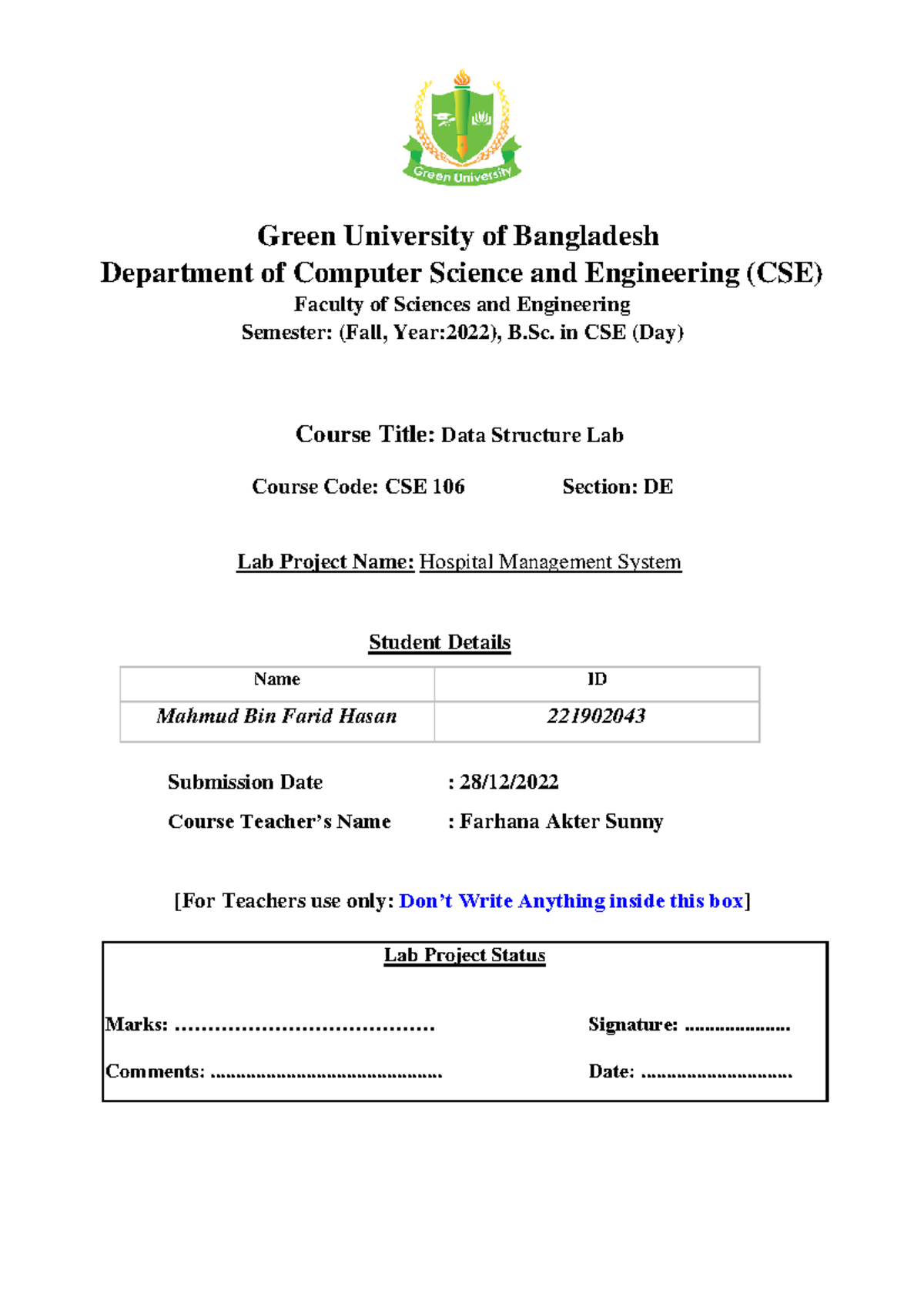 CSE-106-LAB Project Report - Green University of Bangladesh Department ...