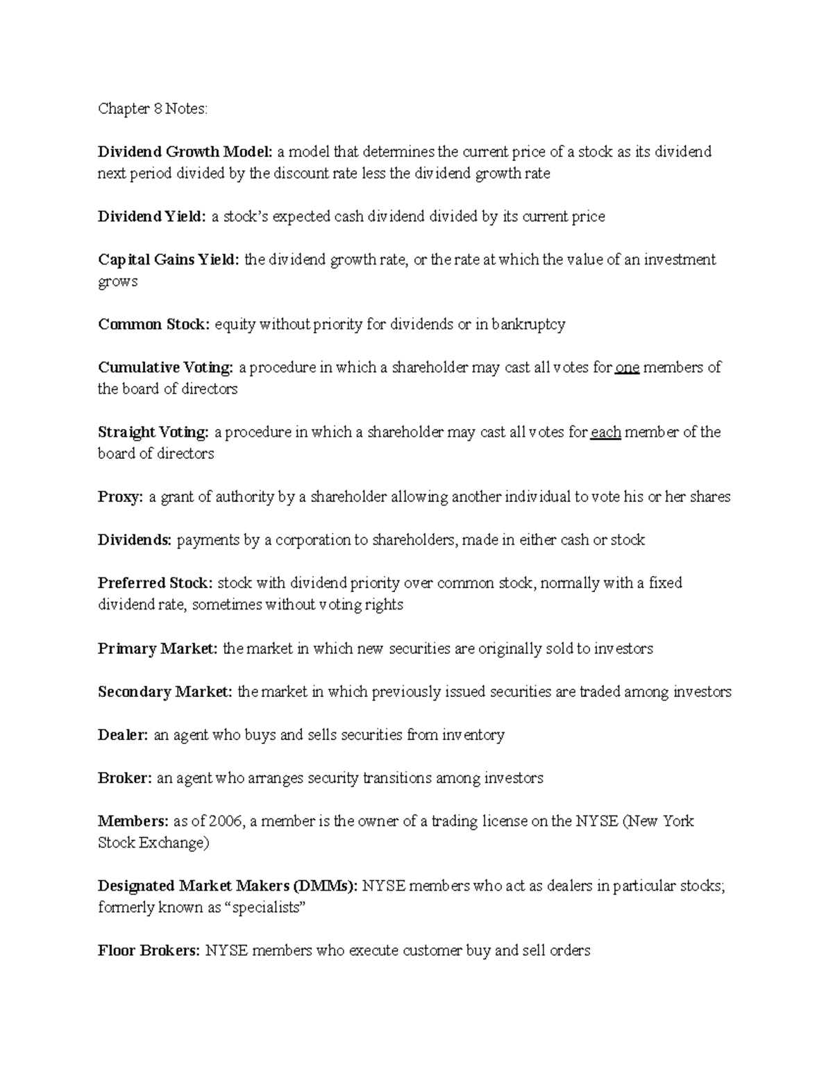 Chapter 8 Notes - Chapter 8 Notes: Dividend Growth Model: a model that ...