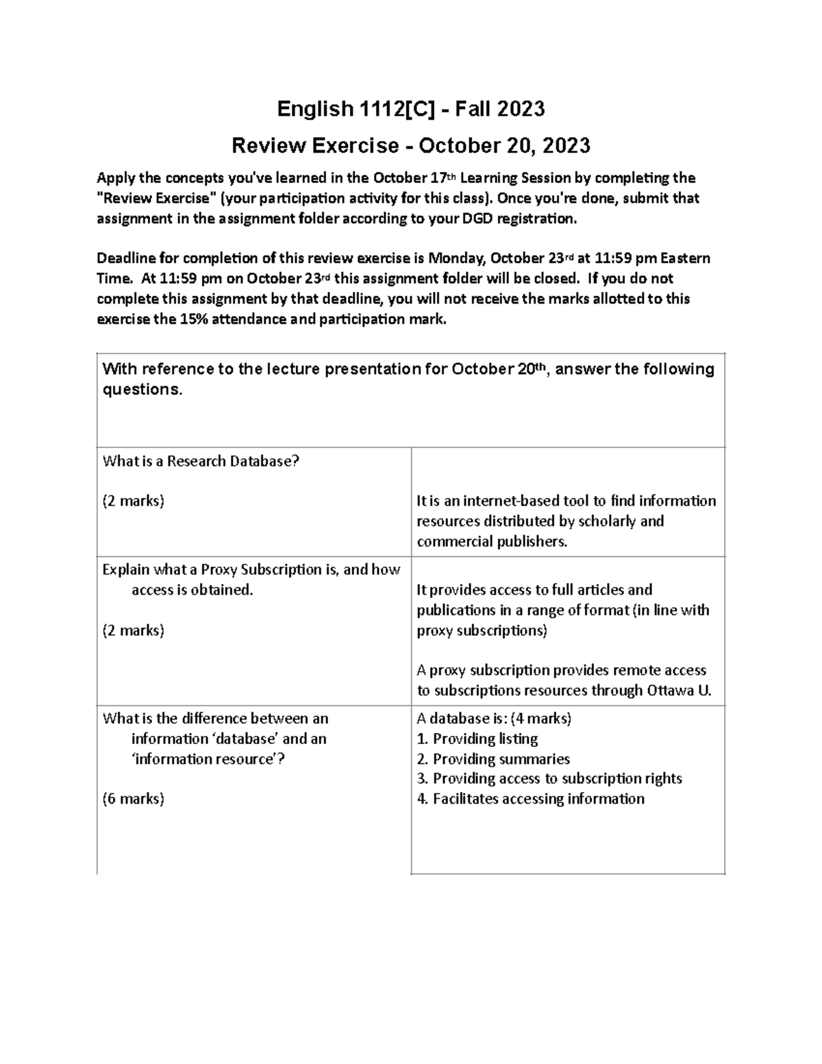 Review Exercise October 20 - English 1112[C] - Fall 2023 Review ...