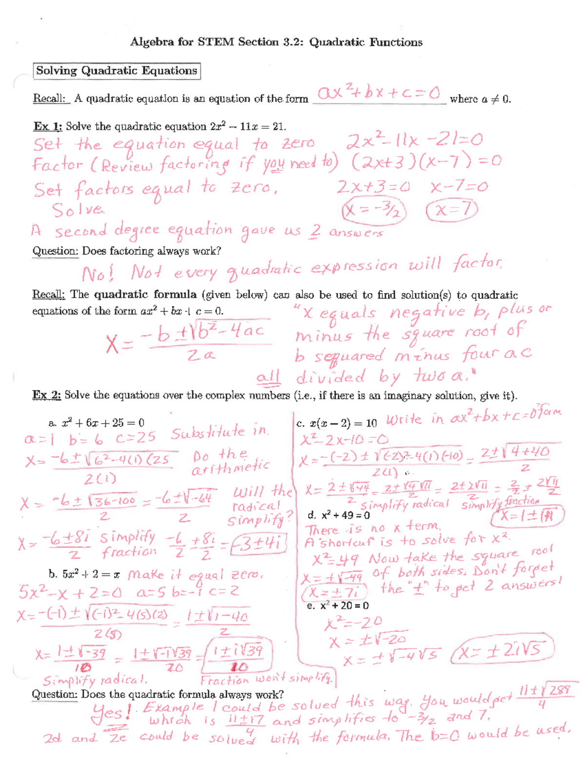 Quadratic Fnc Notes Completed - Algebra for STEM Section 3: Quadratic ...