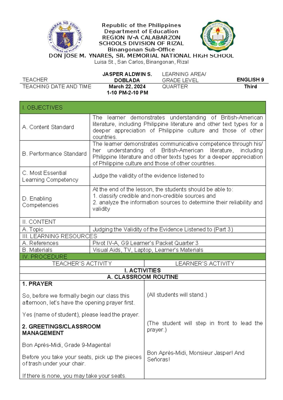 Local-DEMO- Lesson-PLAN- March-22 083900 - Republic of the Philippines ...