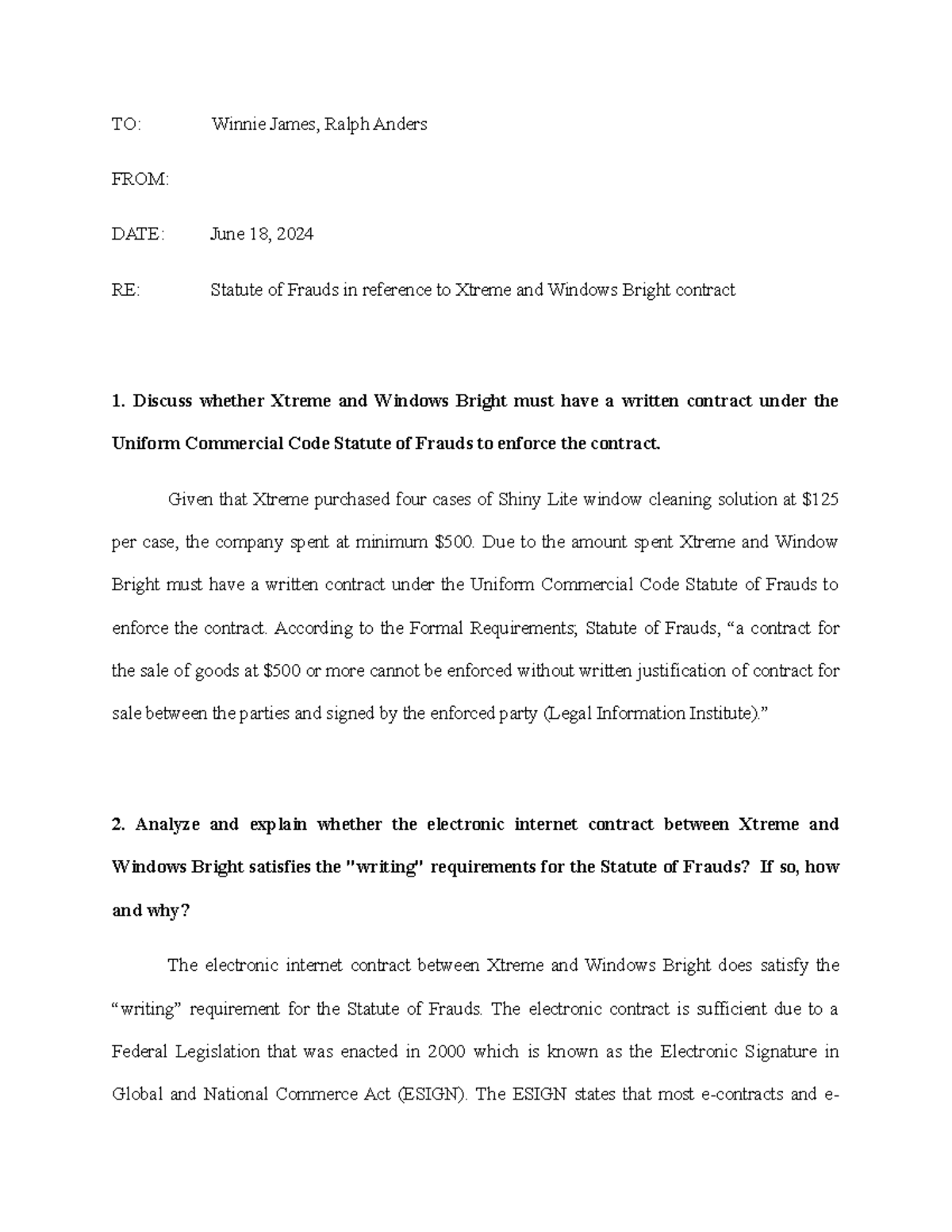Business Law LA 5 - TO: Winnie James, Ralph Anders FROM: DATE: June 18 ...