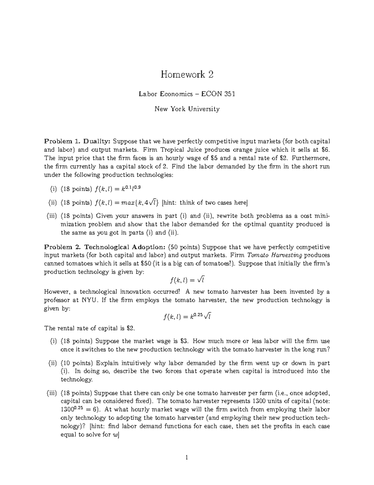 Homework - Problem Set 2 - Homework 2 Labor Economics – ECON 351 New York University Problem 1 ...