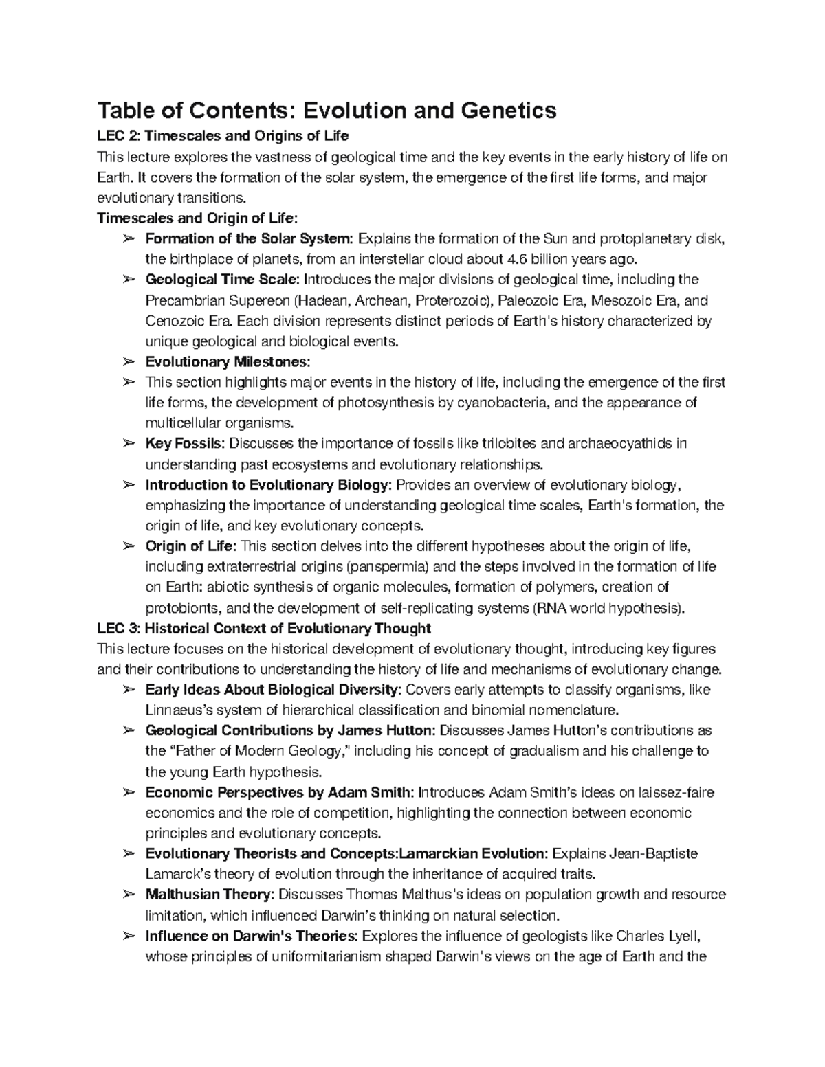 Bio 200 - Table of context - Table of Contents: Evolution and Genetics LEC 2: Timescales and ...