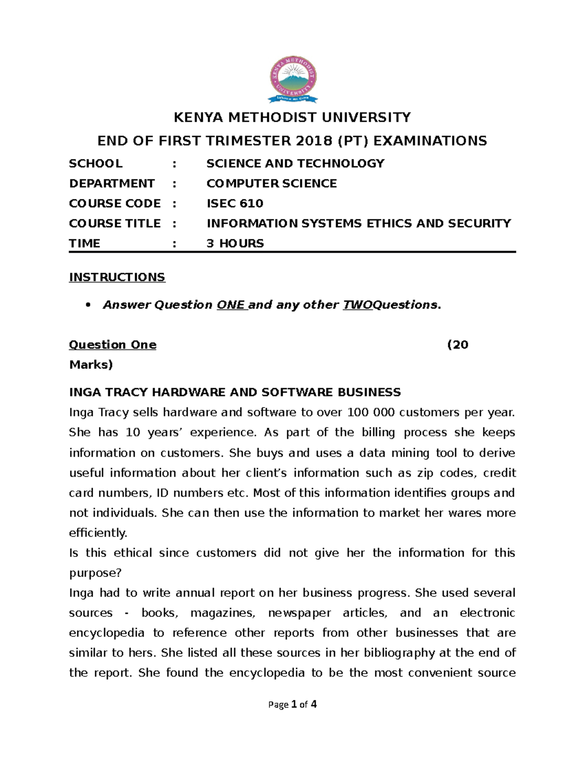Information Systems Ethics AND Security (ISEC 610)1ST Trimester 2018 - KENYA METHODIST ...