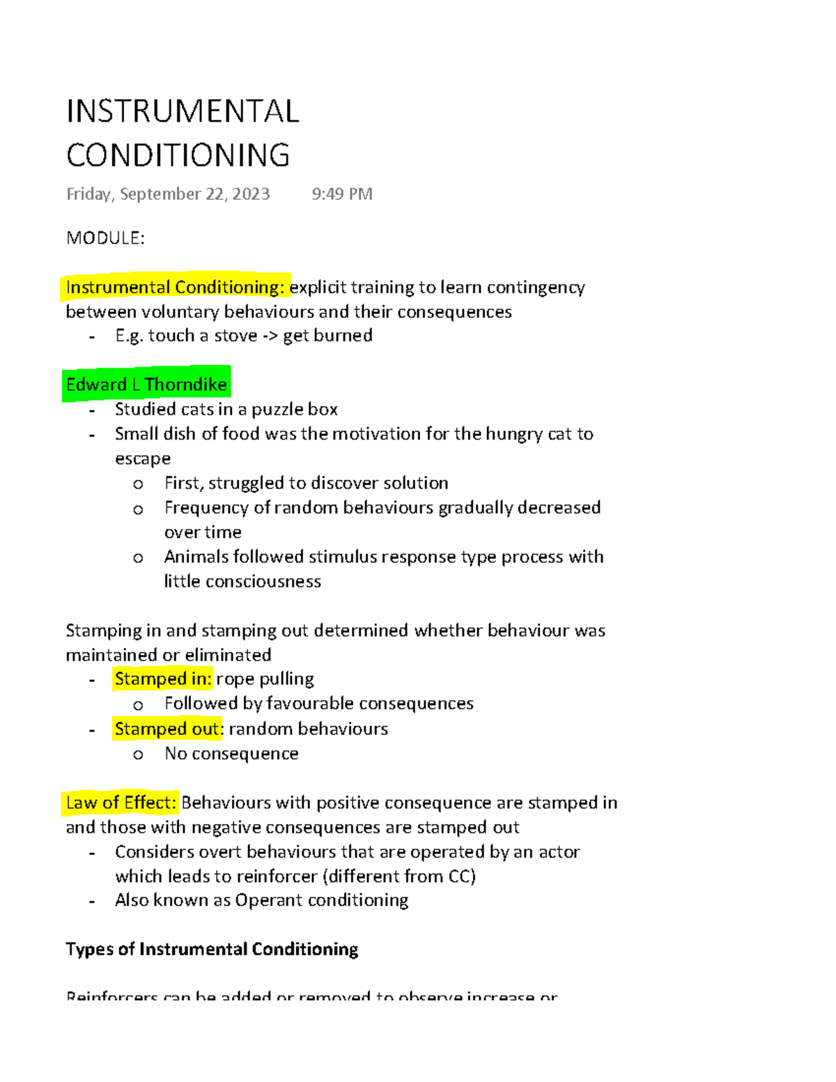 Instrumental Conditioning Notes - MODULE: Instrumental Conditioning ...