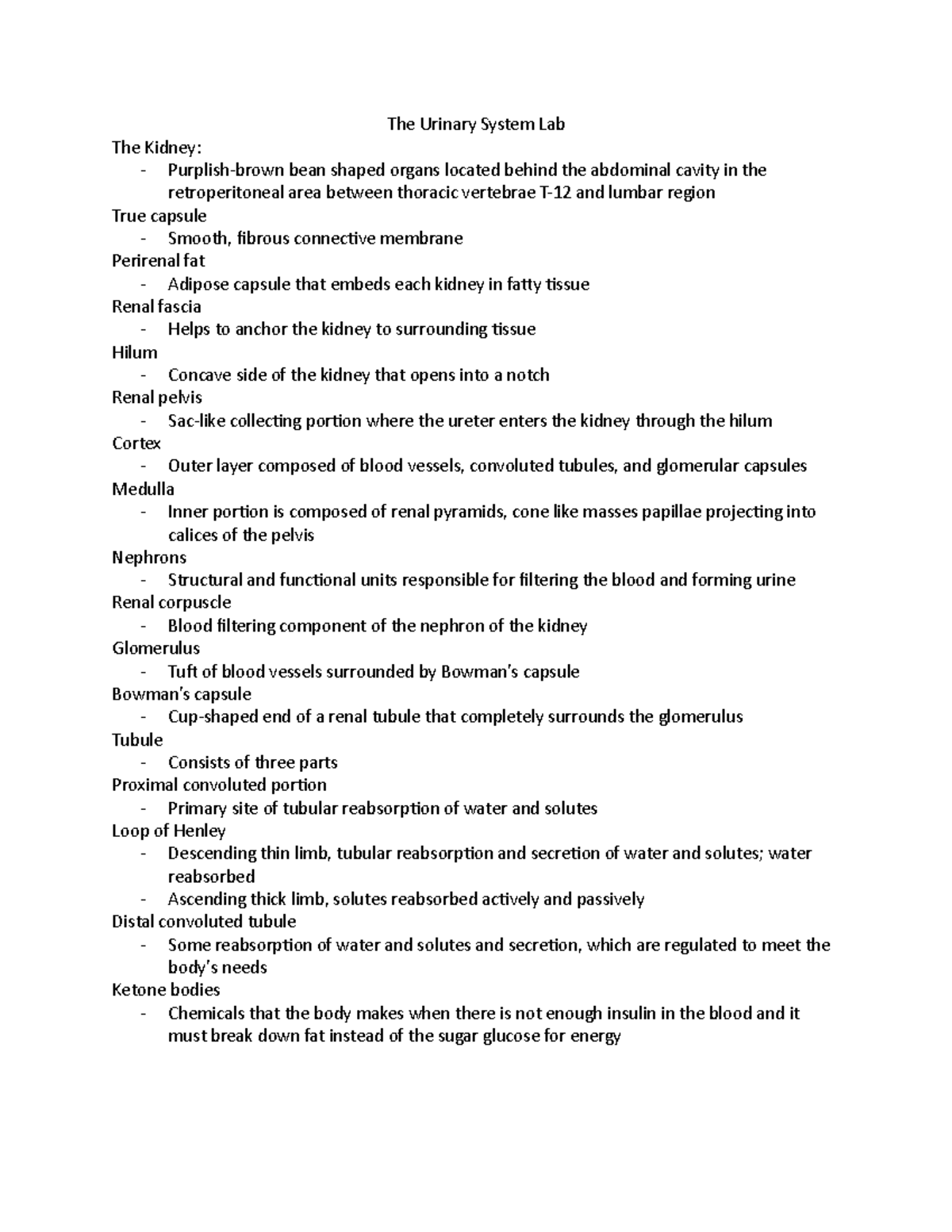 The Urinary System Lab - A&P2 lab homework study from for final exams ...