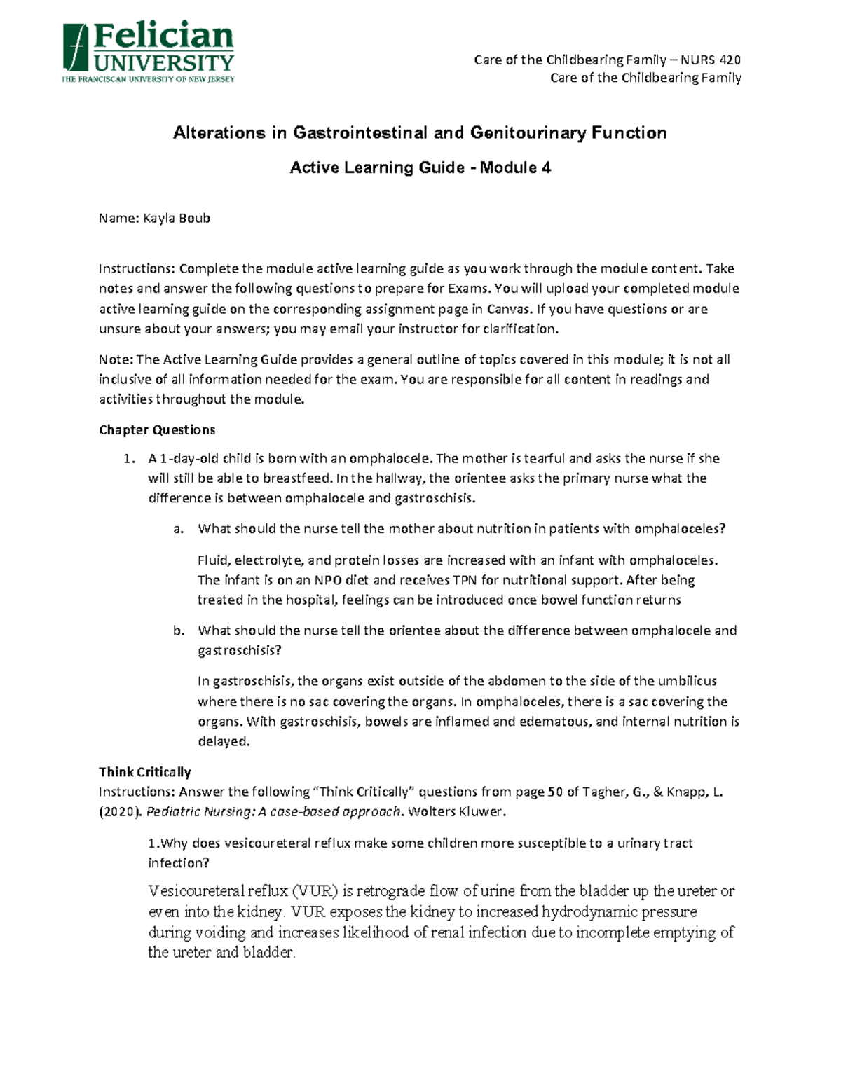 Peds active learning guide 4 - Care of the Childbearing Family ...