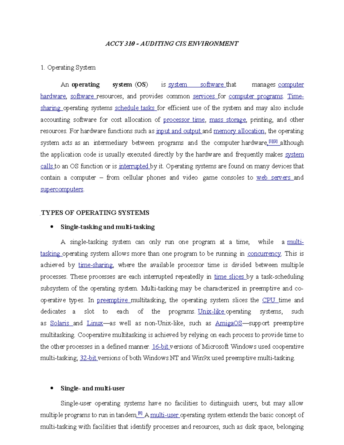 ACCY 310 - Operating System - Auditing In A Cis Environment - Studocu