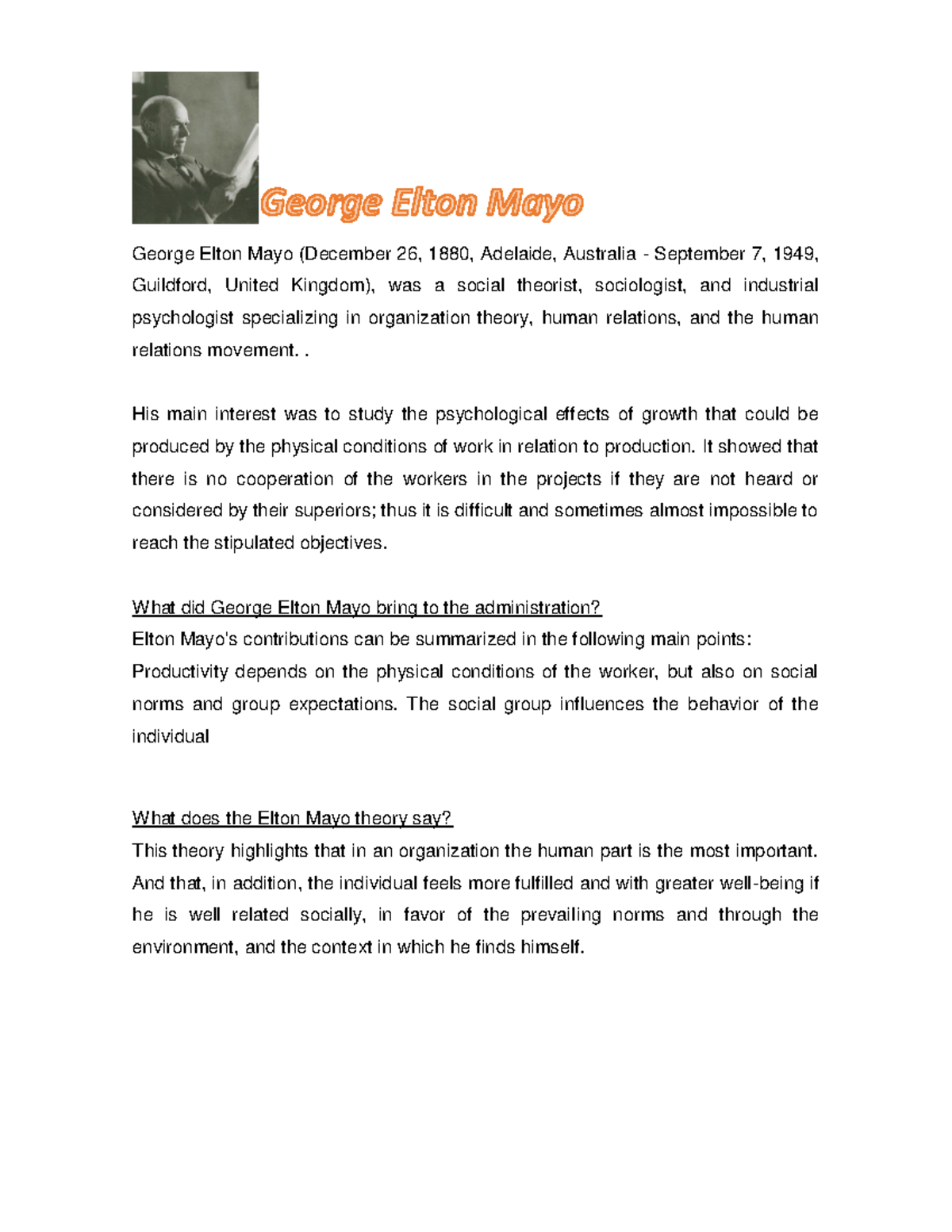 Cronica George Elton Mayo - George Elton Mayo (December 26, 1880 ...