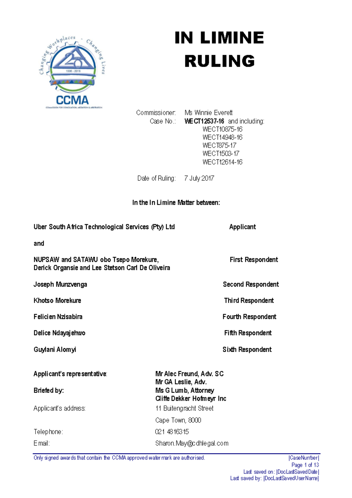 UBER CCMA Award - practice material - Only signed awards that contain ...