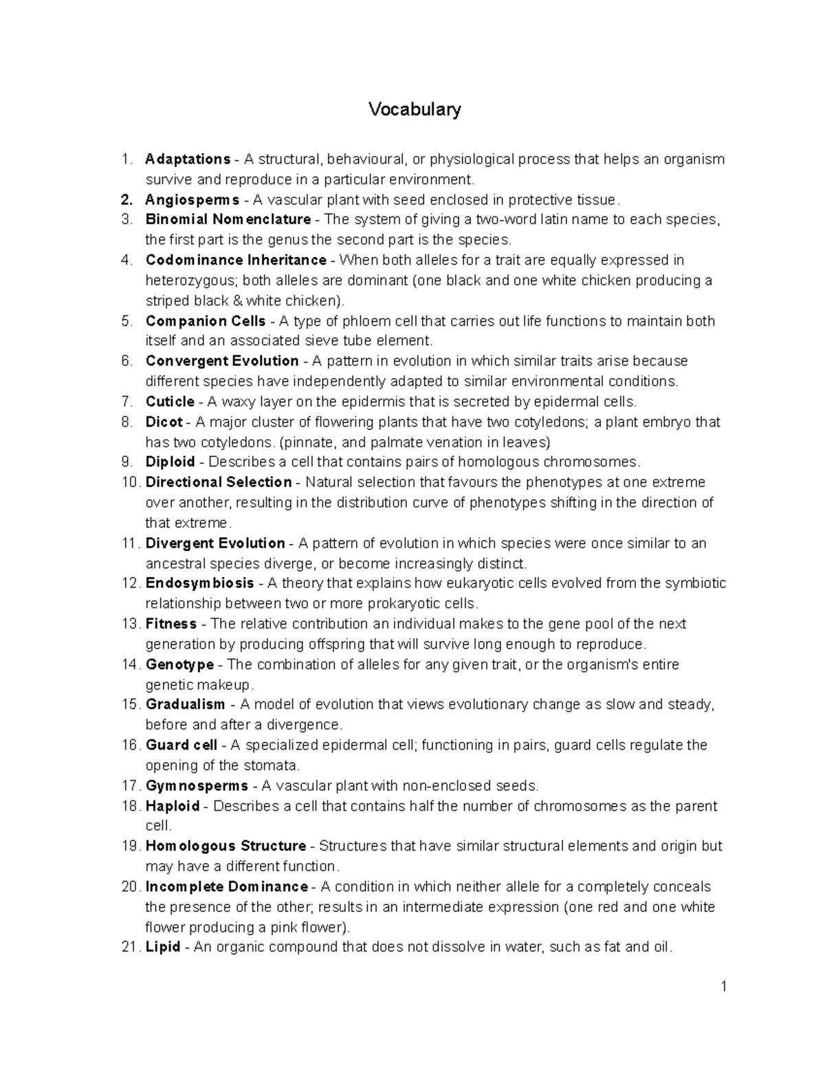 Biology 11 Exam Review - Vocabulary Adaptations - A structural ...