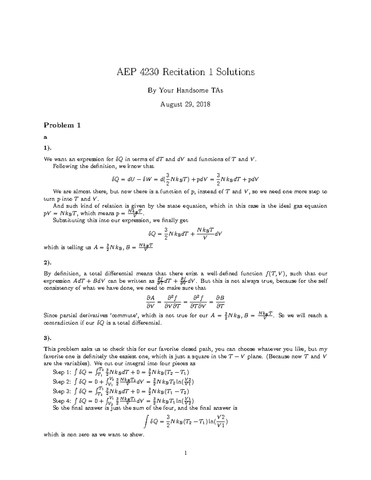 Solution-Recitation 1 Problems - AEP 4230 Recitation 1 Solutions Your Handsome TAs August 29 ...