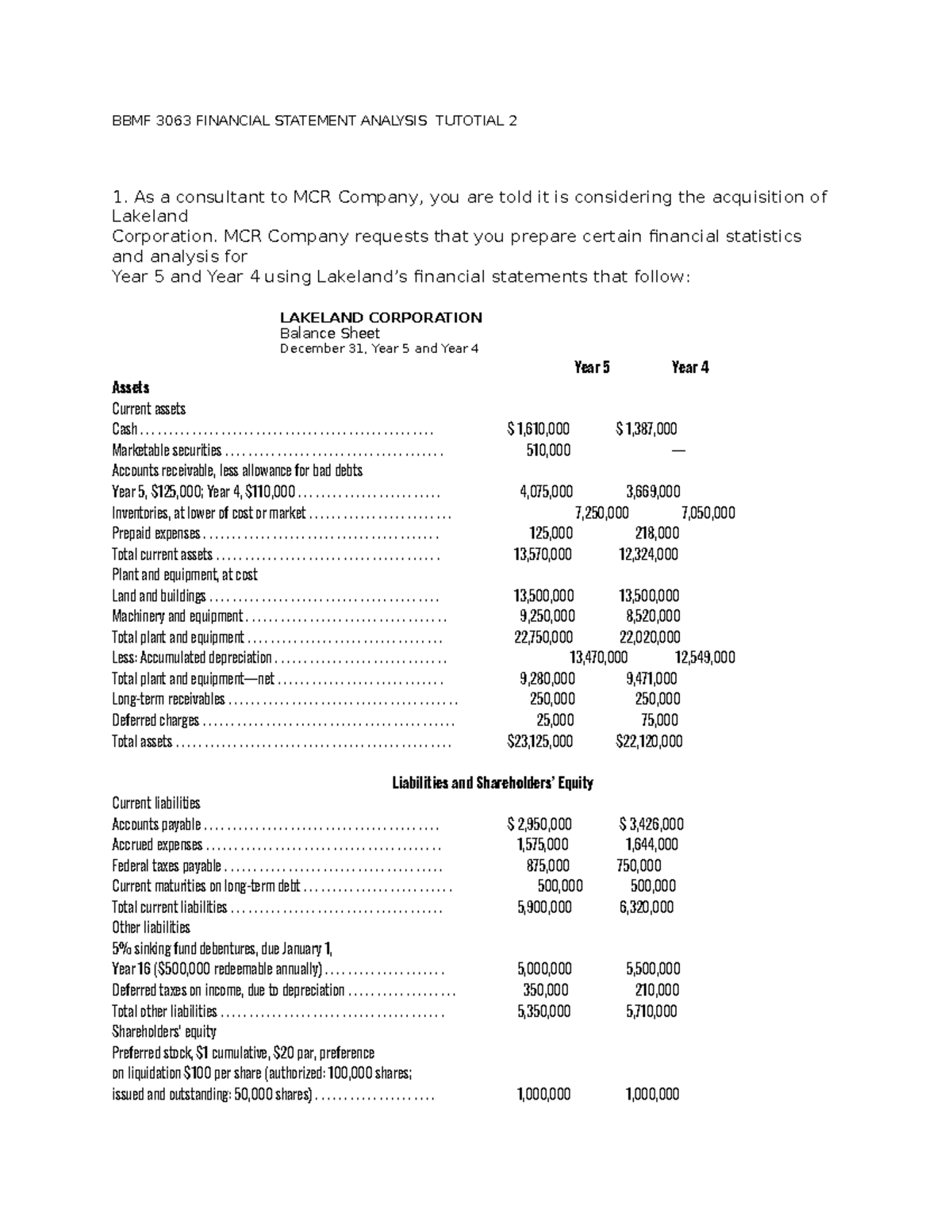 FSA T - Tutorial - BBMF 3063 FINANCIAL STATEMENT ANALYSIS TUTOTIAL 2 1 ...