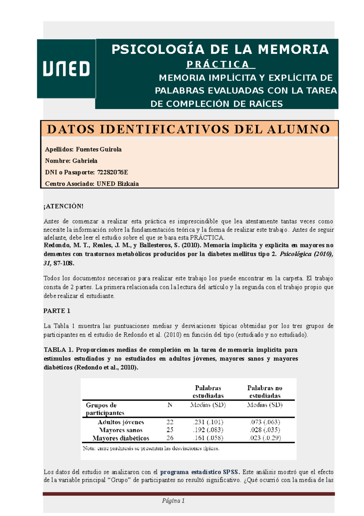 Actividad Practica - PSICOLOGÍA DE LA MEMORIA P R Á C T I C A MEMORIA ...