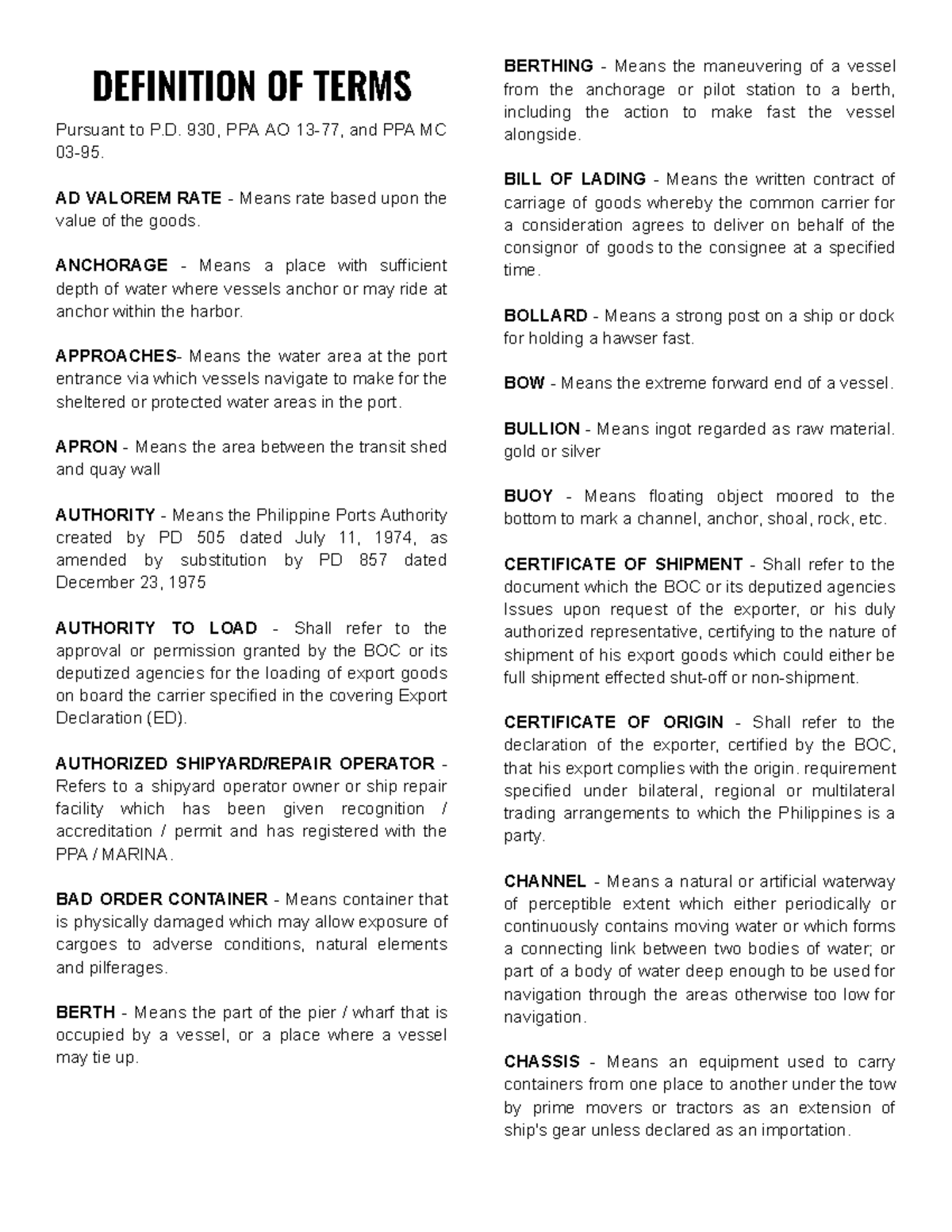 PPA AO 13-77, and PPA MC 03-95 - DEFINITION OF TERMS Pursuant to P. 930 ...