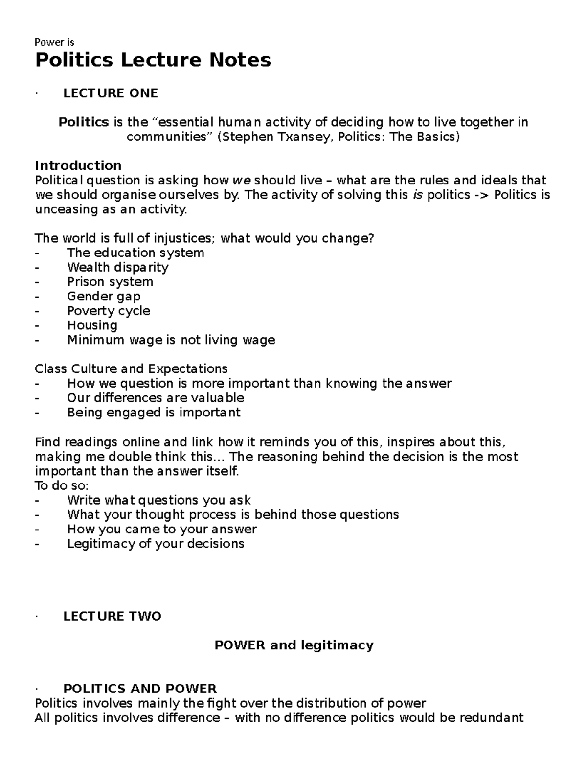 Politics Lecture Notes - Power is Politics Lecture Notes · LECTURE ONE ...