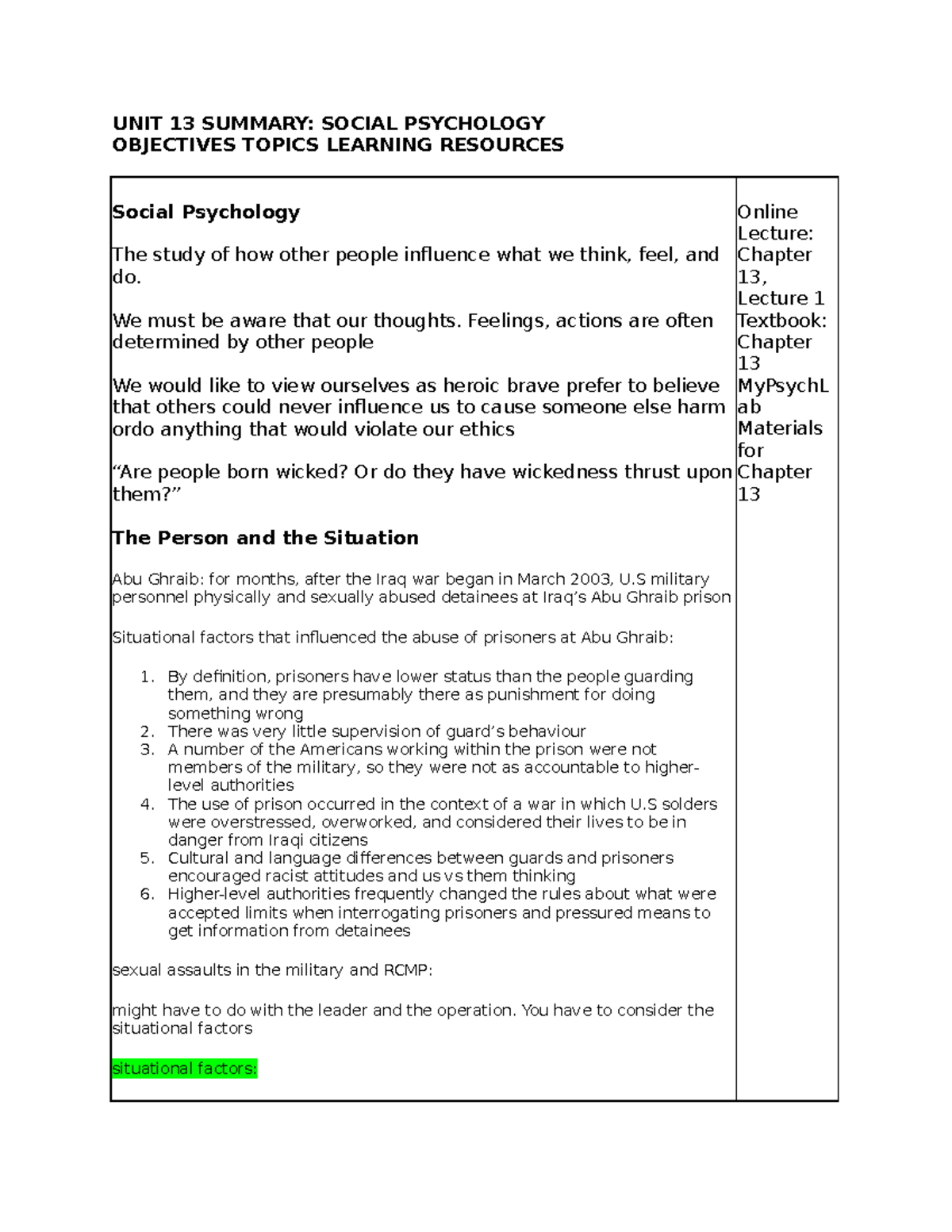 UNIT 13 Summary - notes - UNIT 13 SUMMARY: SOCIAL PSYCHOLOGY OBJECTIVES ...