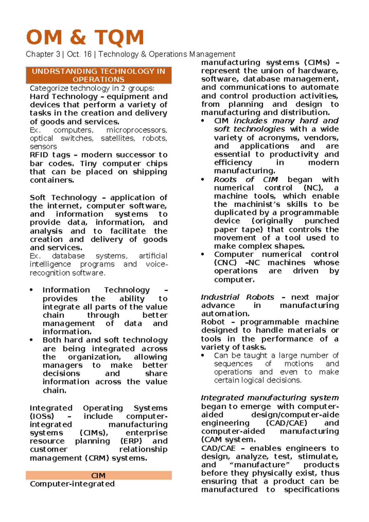 Chapter 3 - OM & TQM Chapter 3 | Oct. 16 | Technology & Operations ...