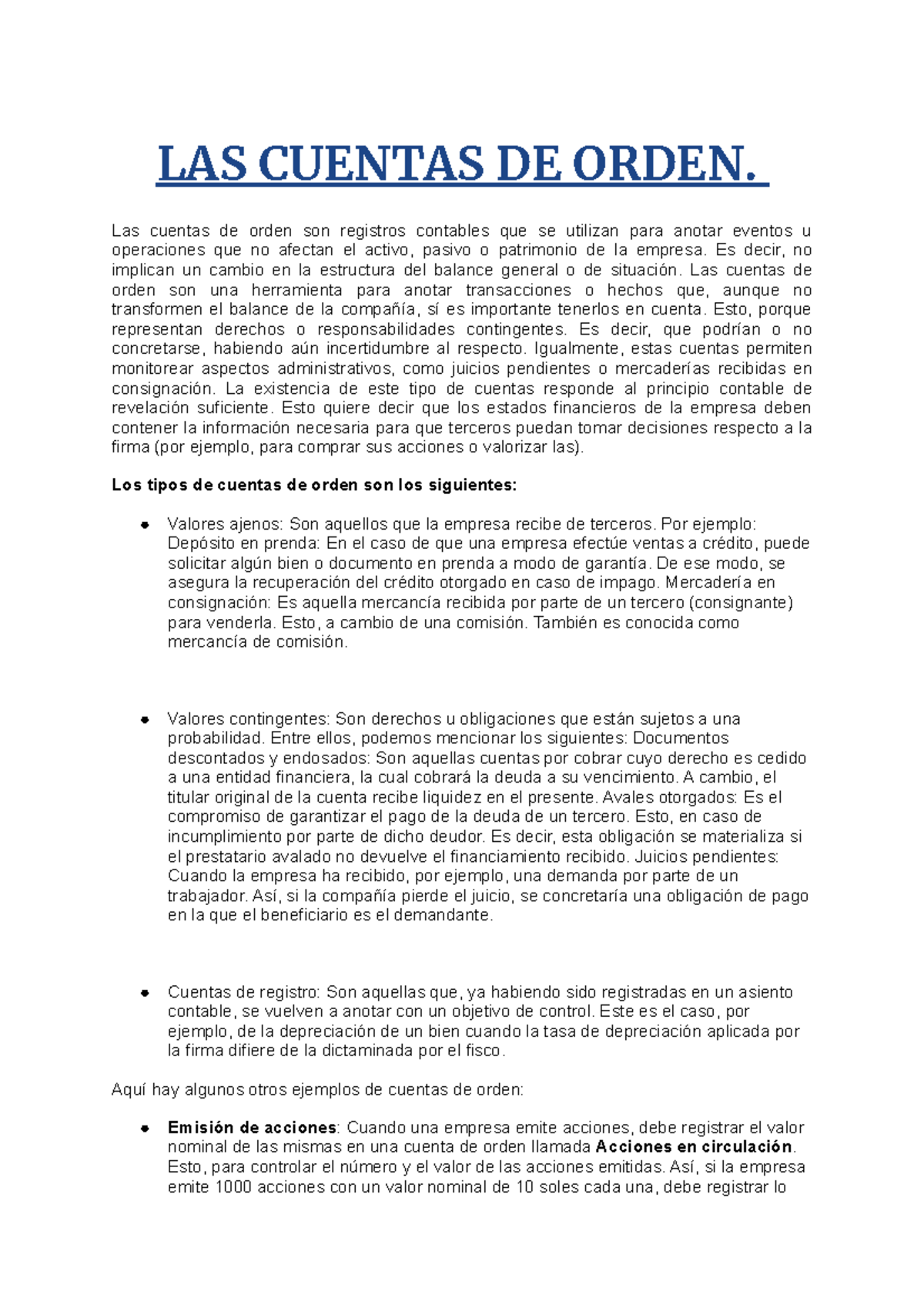 Ejemplos cuentas de orden - LAS CUENTAS DE ORDEN. Las cuentas de orden ...