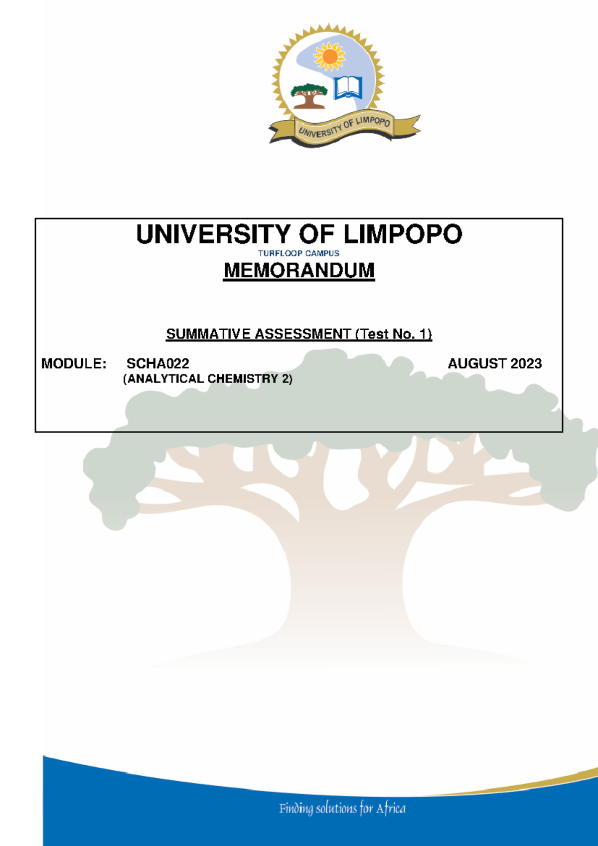 2023 Test 1 SCHA022 Memorandum - UNIVERSITY OF LIMPOPO TURFLOOP CAMPUS ...