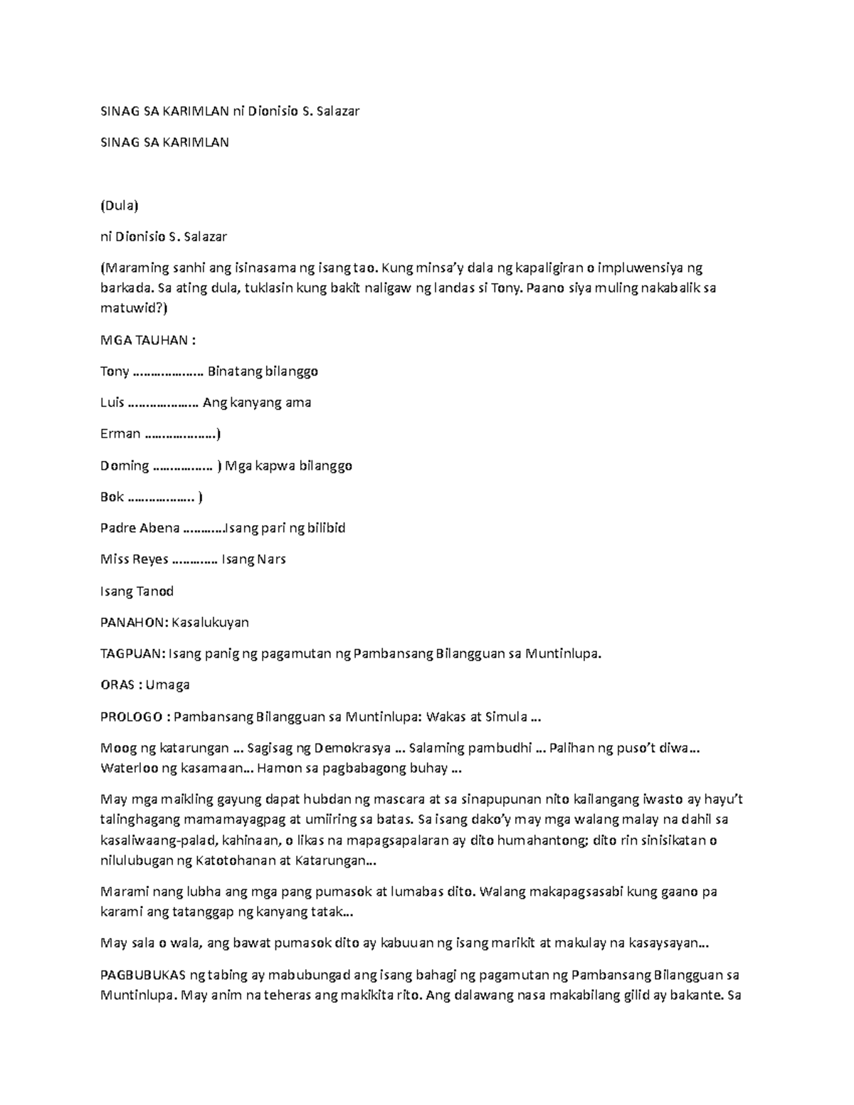 Sinag SA Karimlan - BOOK - SINAG SA KARIMLAN ni Dionisio S. Salazar SINAG SA KARIMLAN (Dula) ni ...