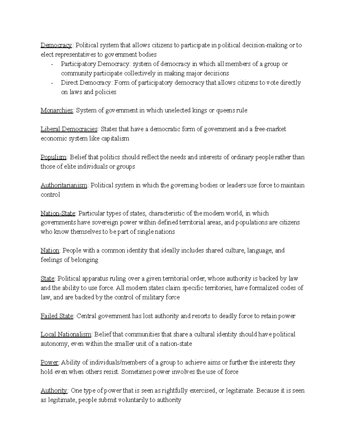 SOC200 Chapter 13 Notes - Democracy: Political system that allows ...