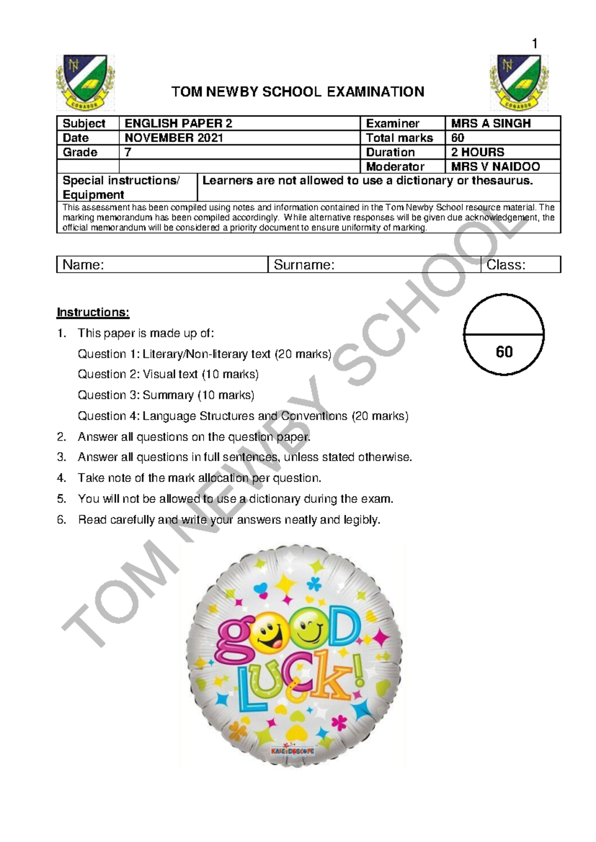 Grade 7 English Exam November 2021 - TOM NEWBY SCHOOL EXAMINATION ...