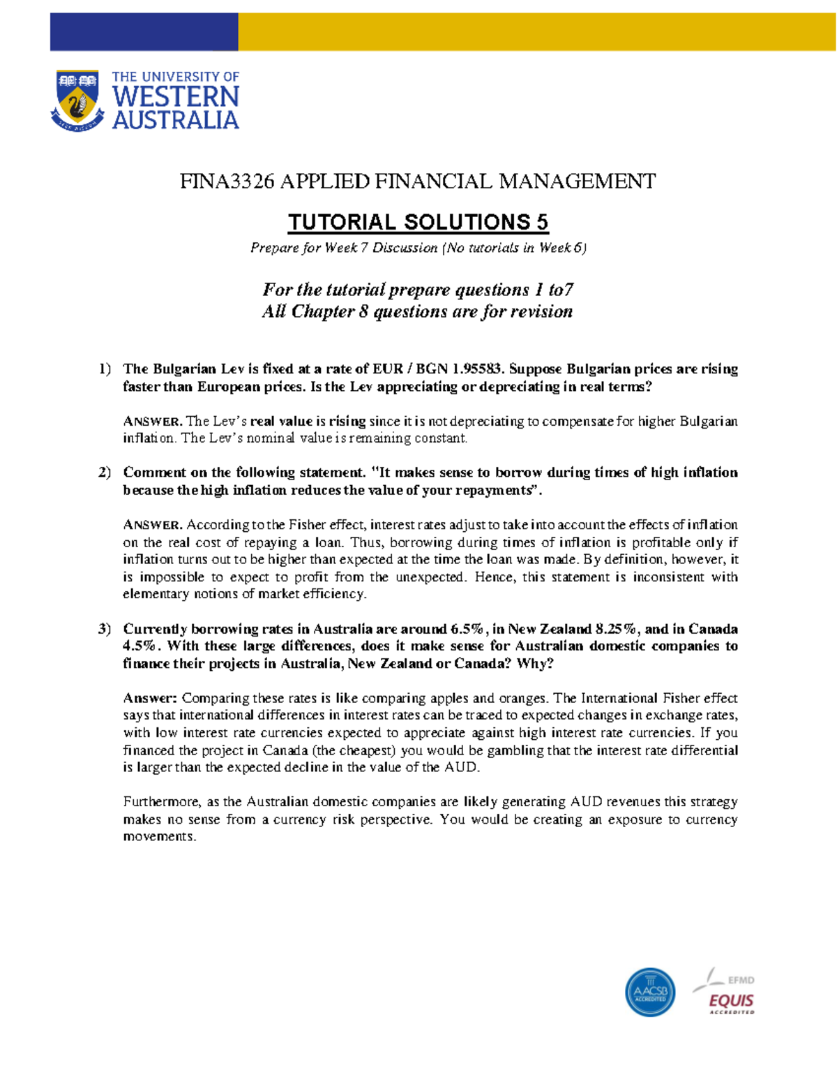 Tutorial Solutions 05 2023 - FINA3326 APPLIED FINANCIAL MANAGEMENT TUTORIAL SOLUTIONS 5 Prepare ...