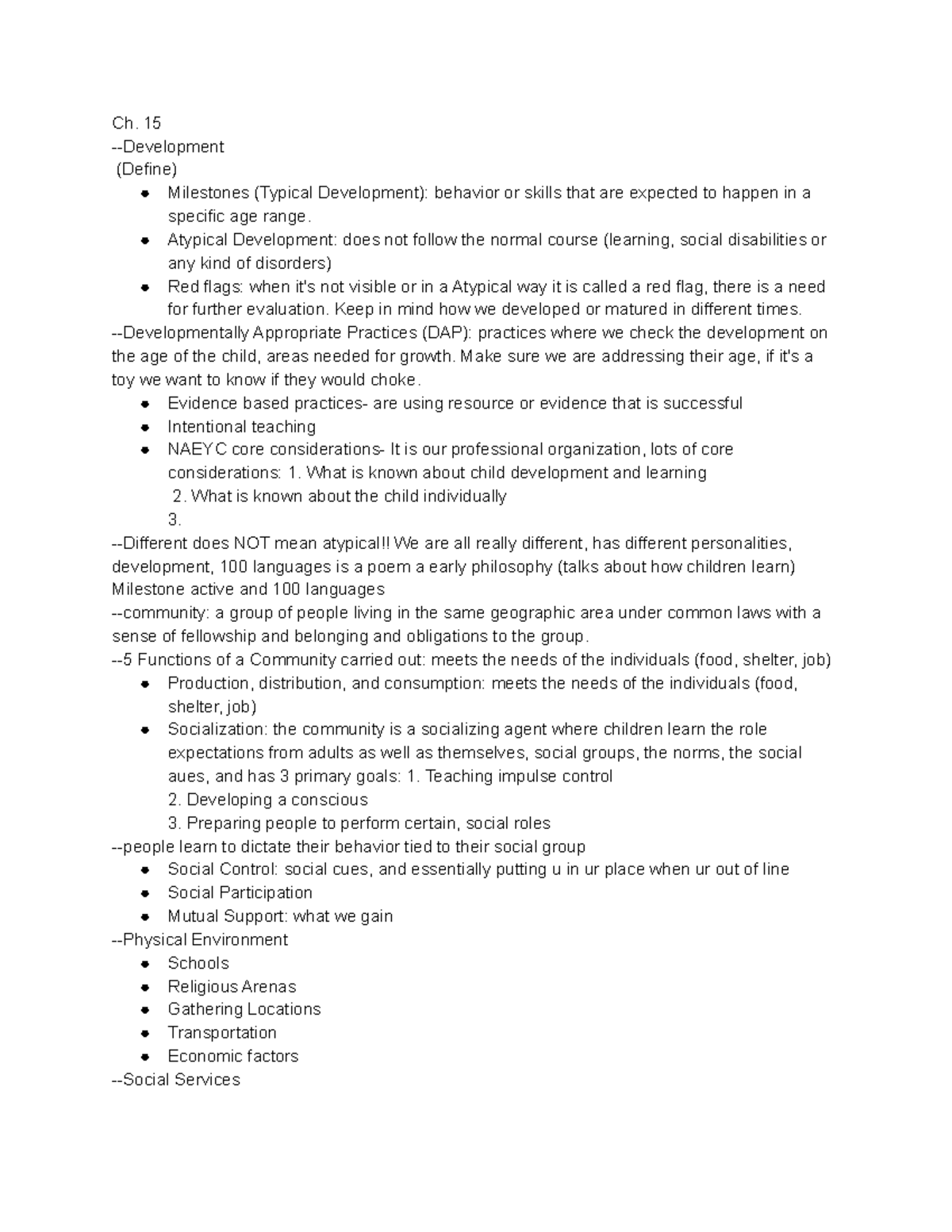 EDEL 315 Chapter 15 notes - Ch. 15 -Development (Define) Milestones ...