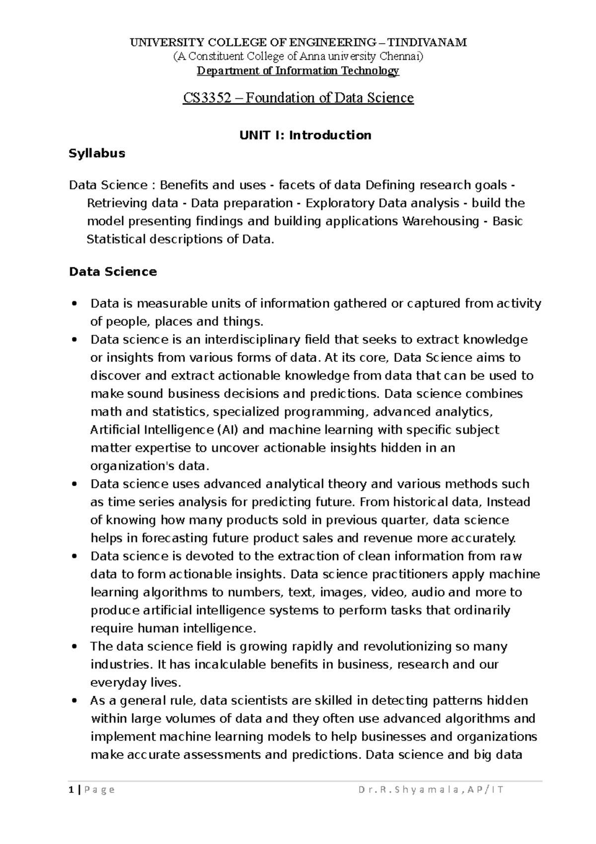 Unit I Fds Notes Foundation Of Data Science A Constituent College Of Anna University 