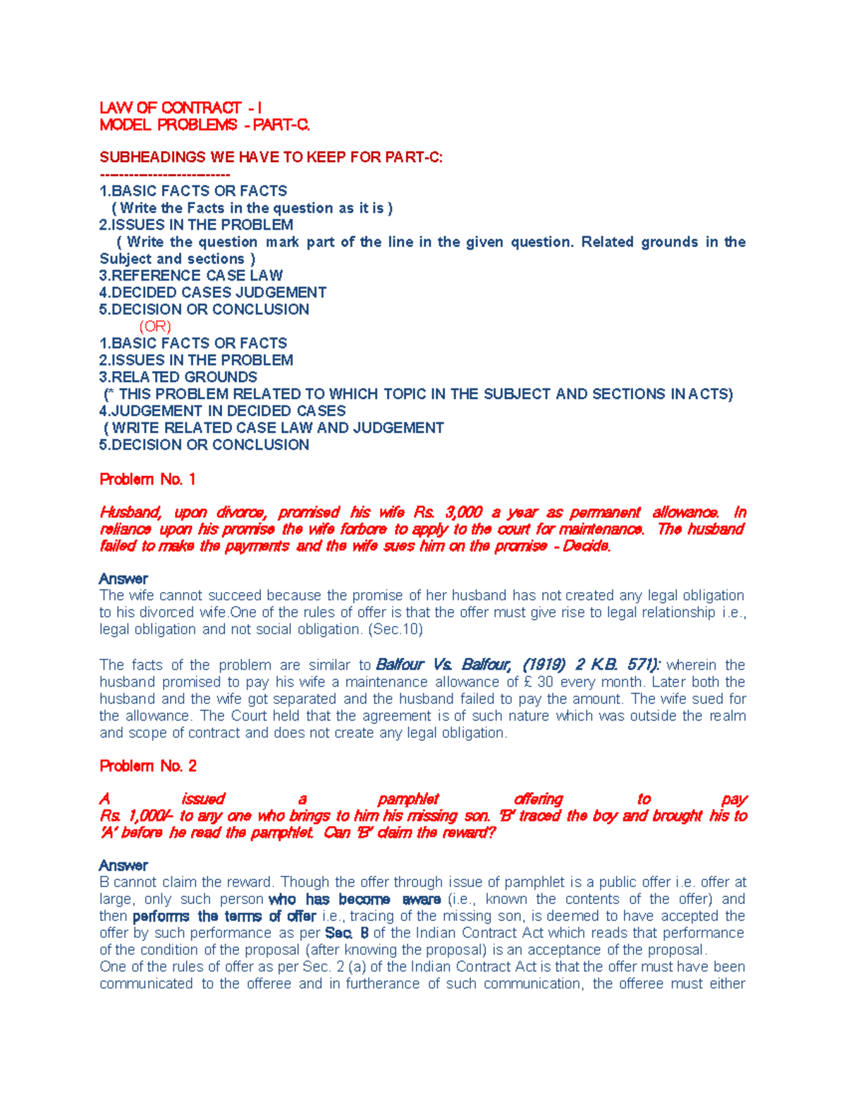 PART C Contract 1 Case Laws - LAW OF CONTRACT – I MODEL PROBLEMS – PART ...