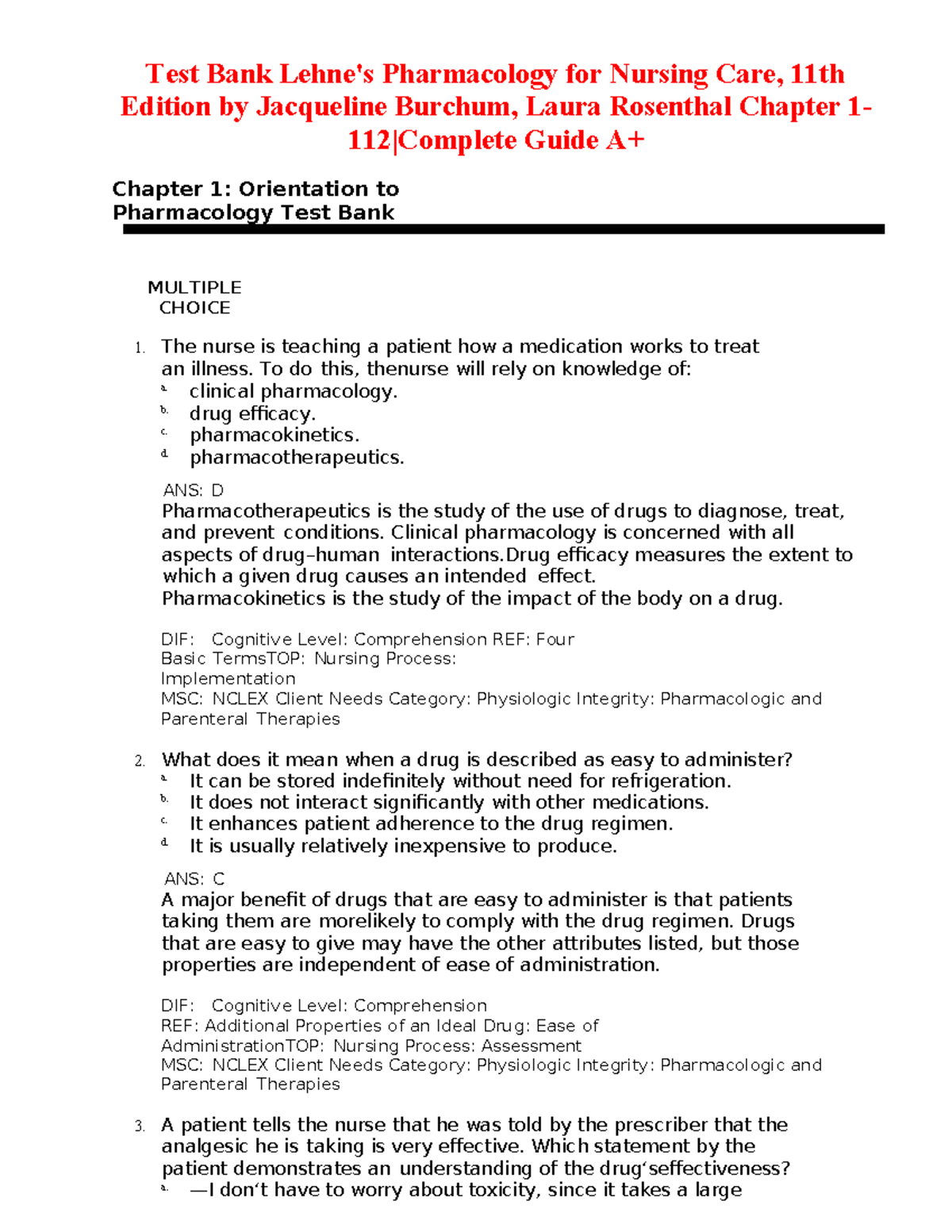 Test bank lehne s pharmacology for nursing care 11th edition by ...