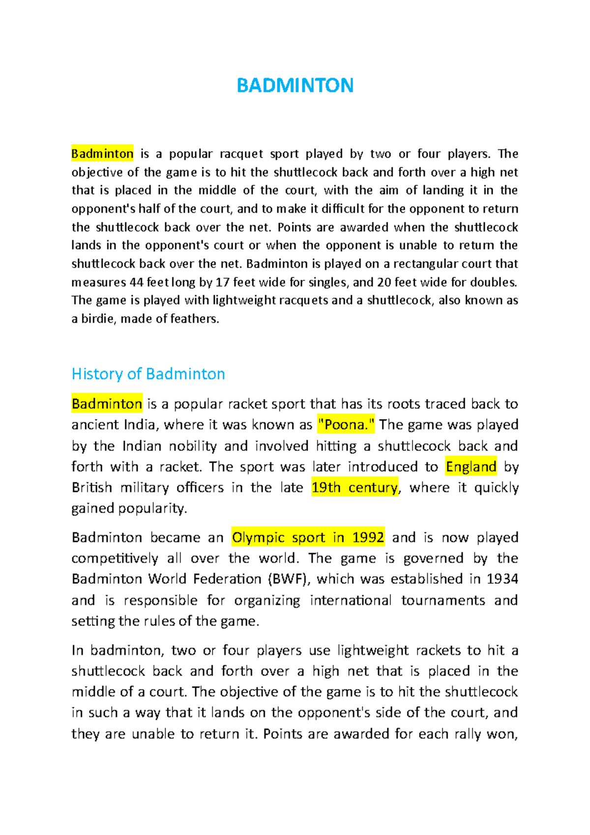 Badminton - notes - BADMINTON Badminton is a popular racquet sport ...