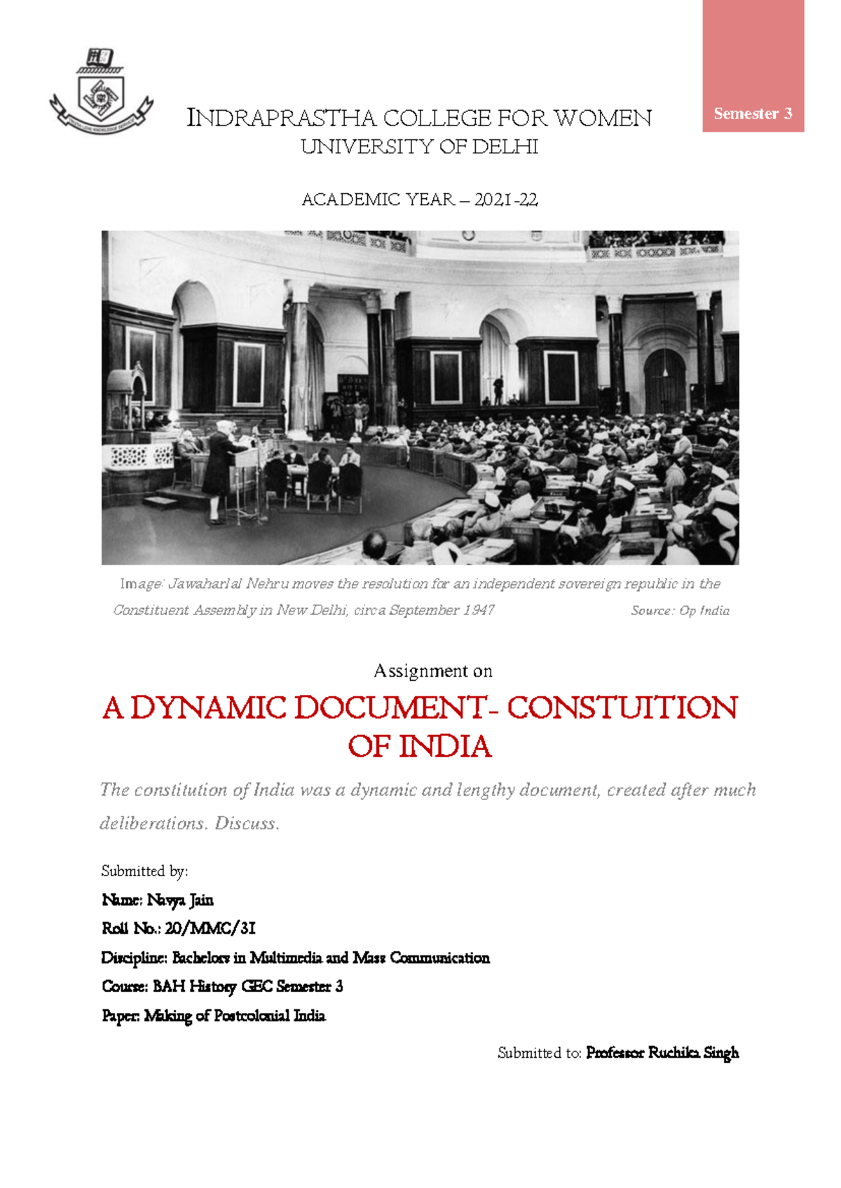 Assignment- constitution of India - INDRAPRASTHA COLLEGE FOR WOMEN ...