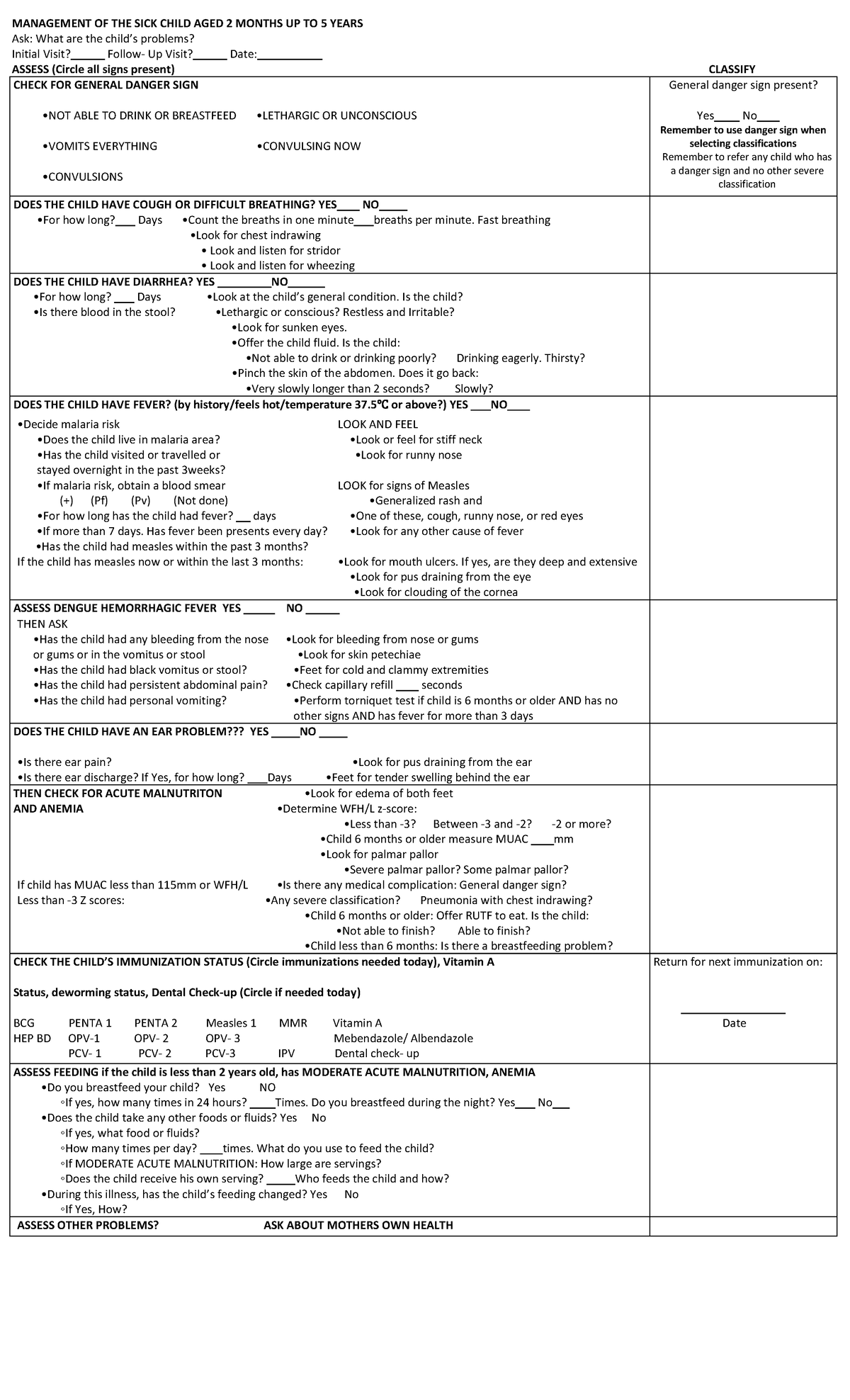 IMCI FORM - ssssssssssss - MANAGEMENT OF THE SICK CHILD AGED 2 MONTHS ...